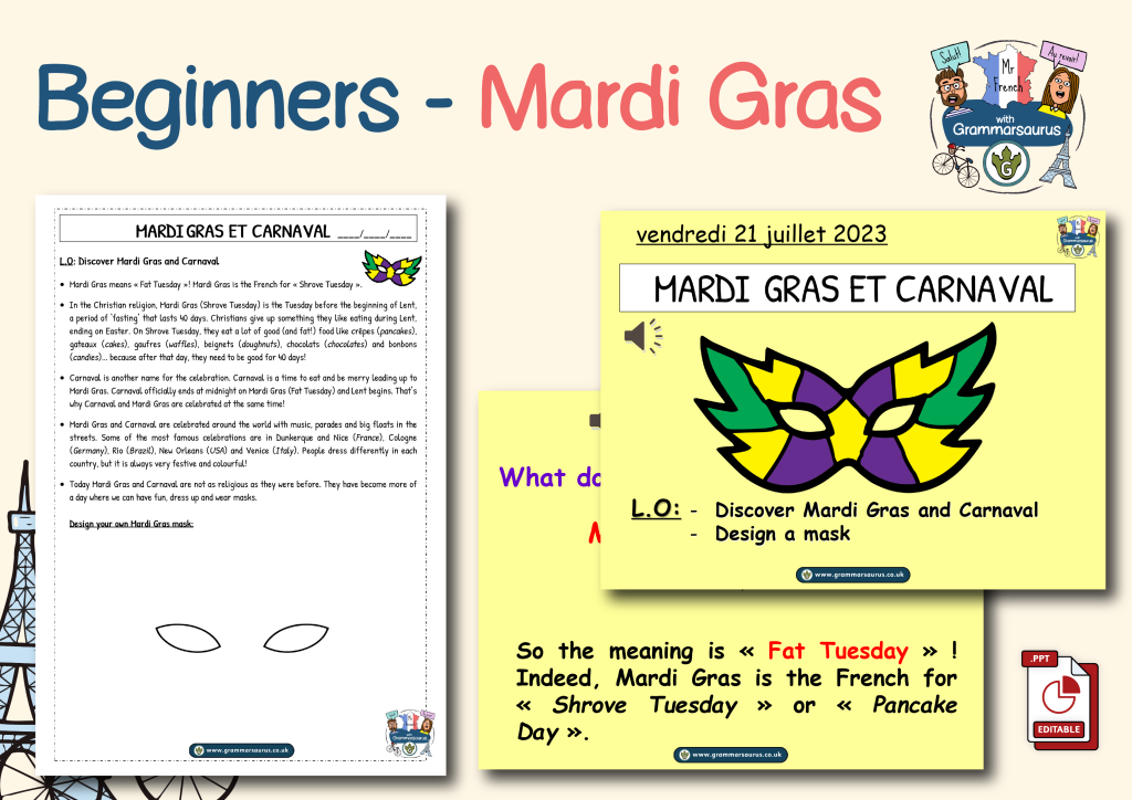 Year 4,5,6 French for Beginners – Mardi Gras - Grammarsaurus