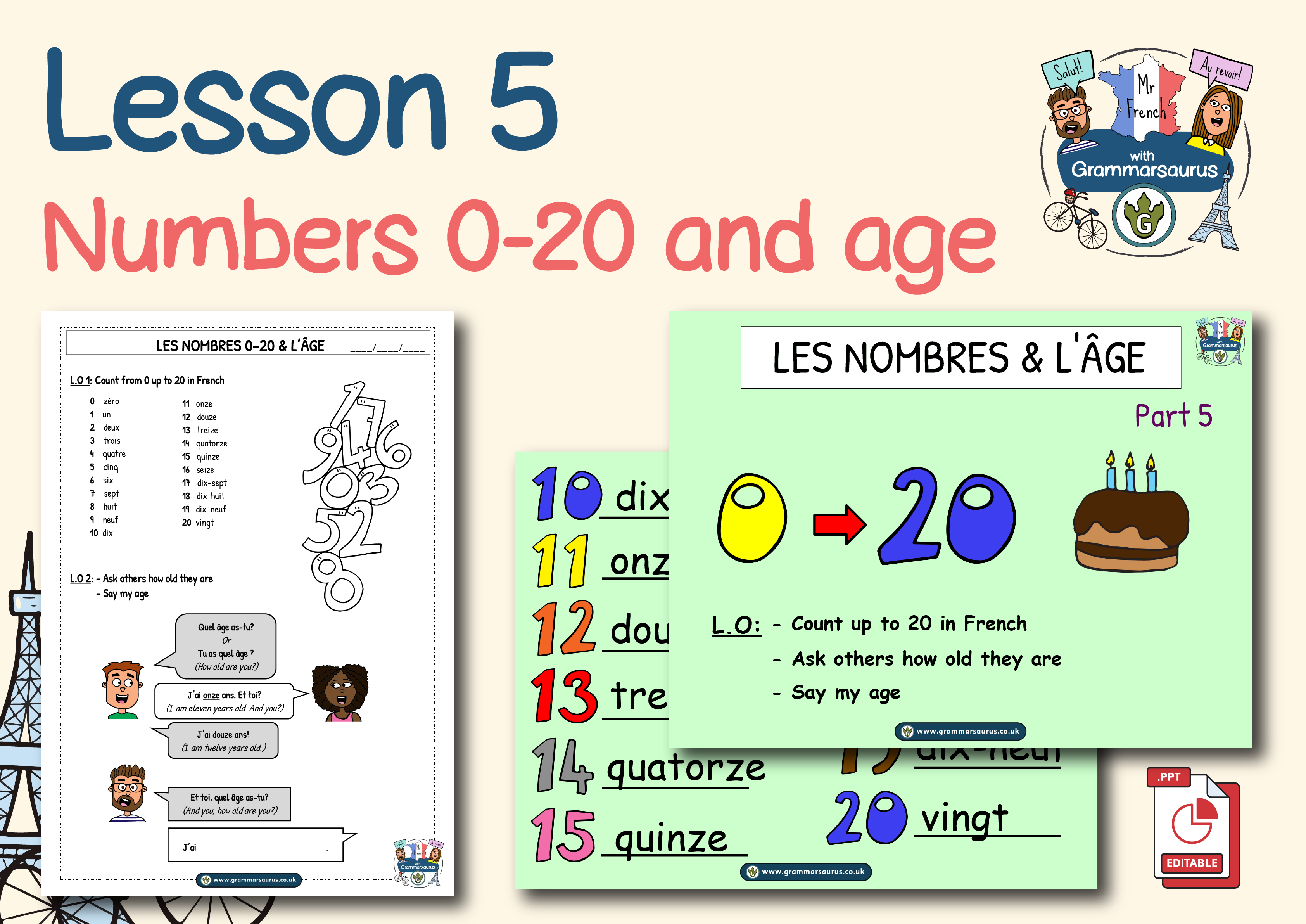 Year 3 French - Number 0-20 and age - Lesson 5 - Grammarsaurus