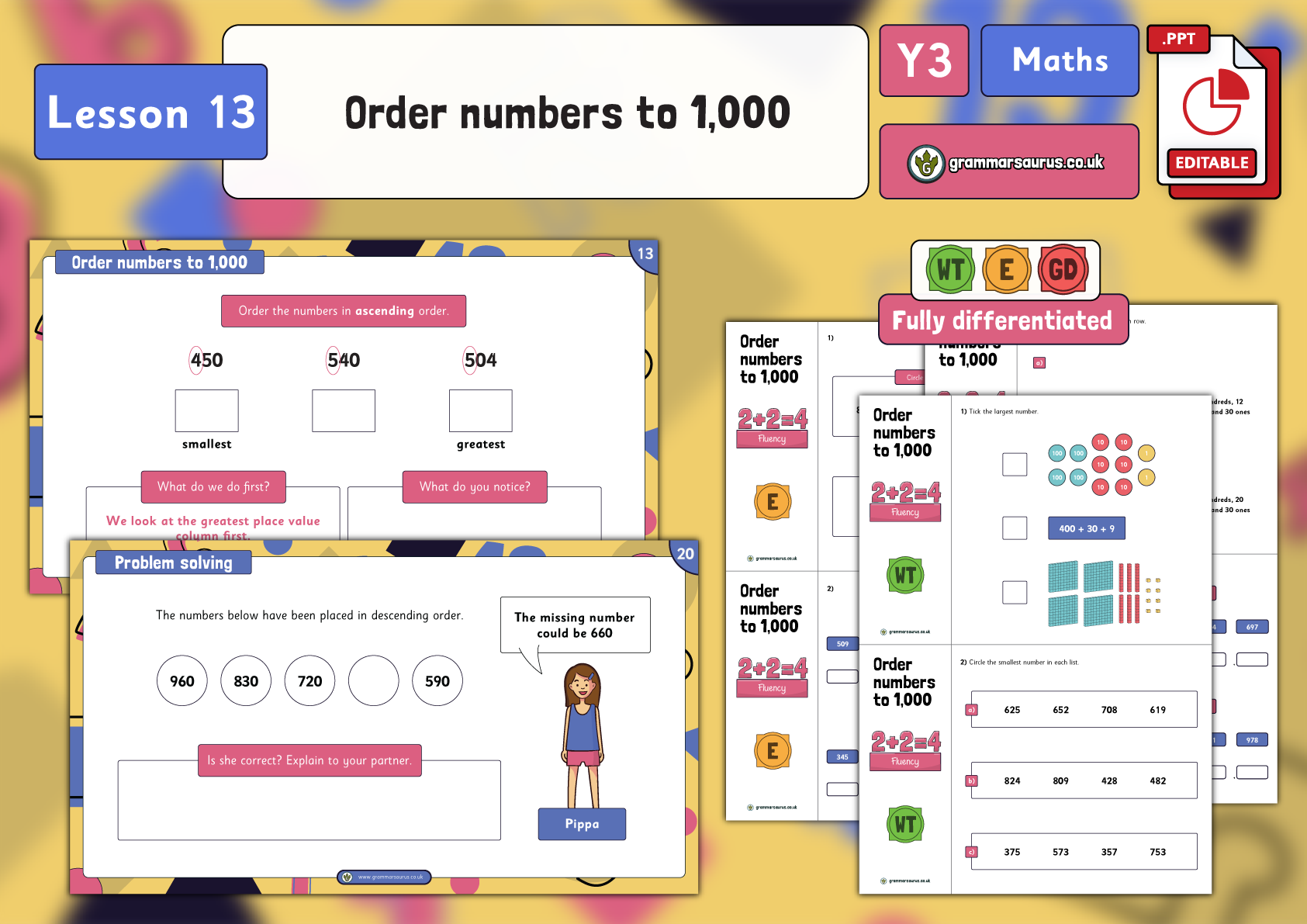 Year 3 Place Value - Order numbers to 1,000 - Lesson 13 - Grammarsaurus