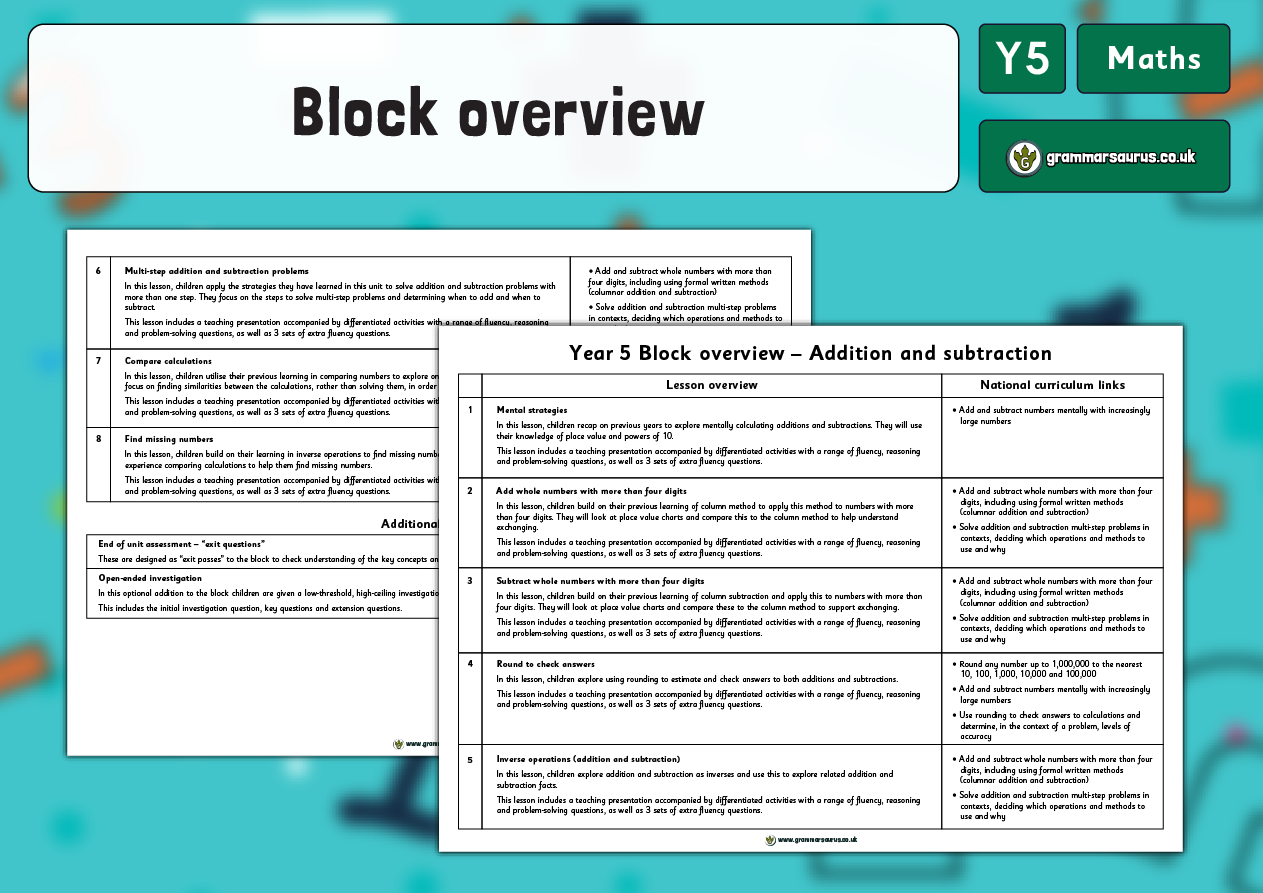 Year 5 Addition and Subtraction - Block Overview - Grammarsaurus