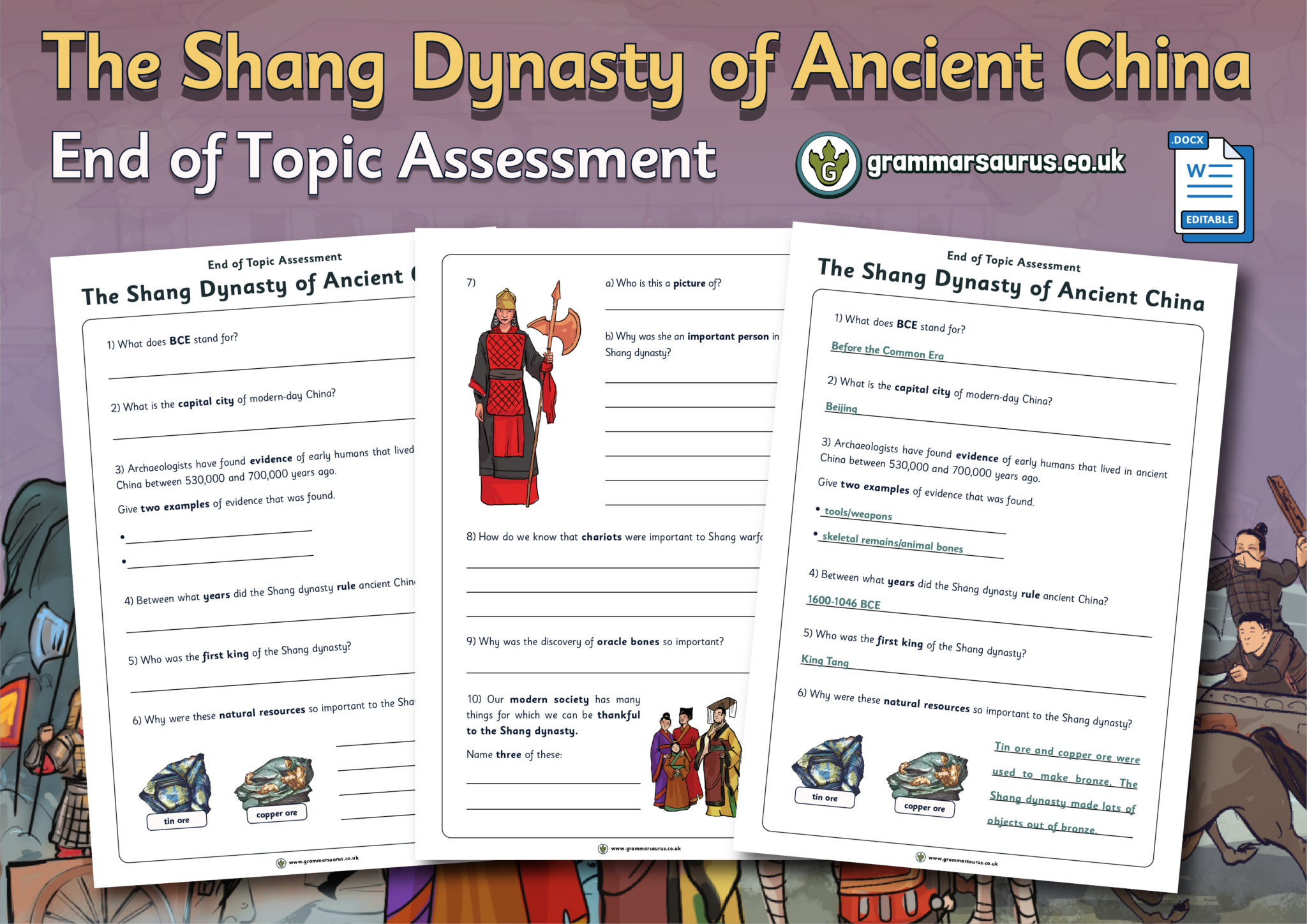 Year 3 Shang Dynasty - End of Topic Assessment - Grammarsaurus