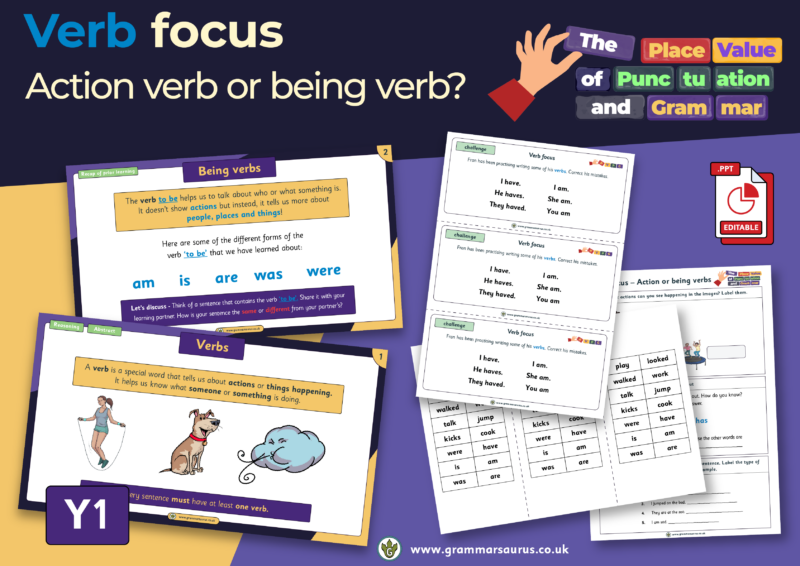 Year 1 Place Value of Punctuation and Grammar - Verb focus - Action ...