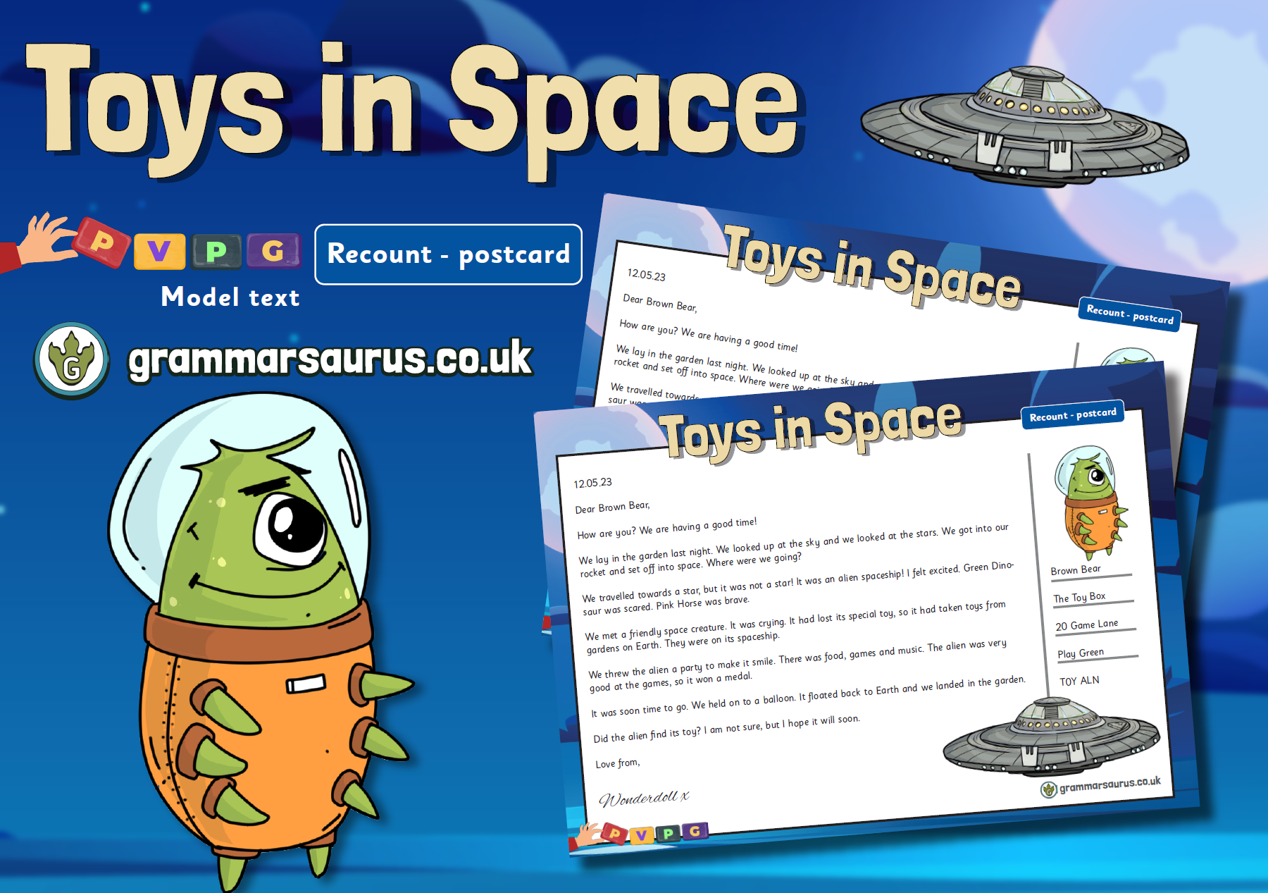 Year 1 PVPG Model Text – Recount - Postcard – Toys in Space - Grammarsaurus