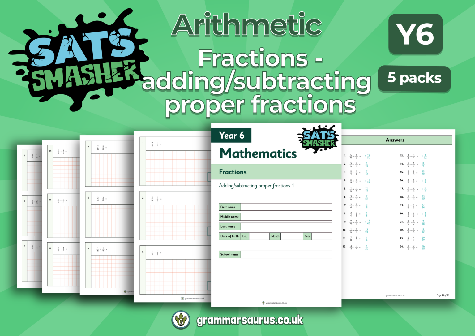 Y6 Sats Smasher Maths Arithmetic Fractions Adding Subtracting Proper Fractions Grammarsaurus