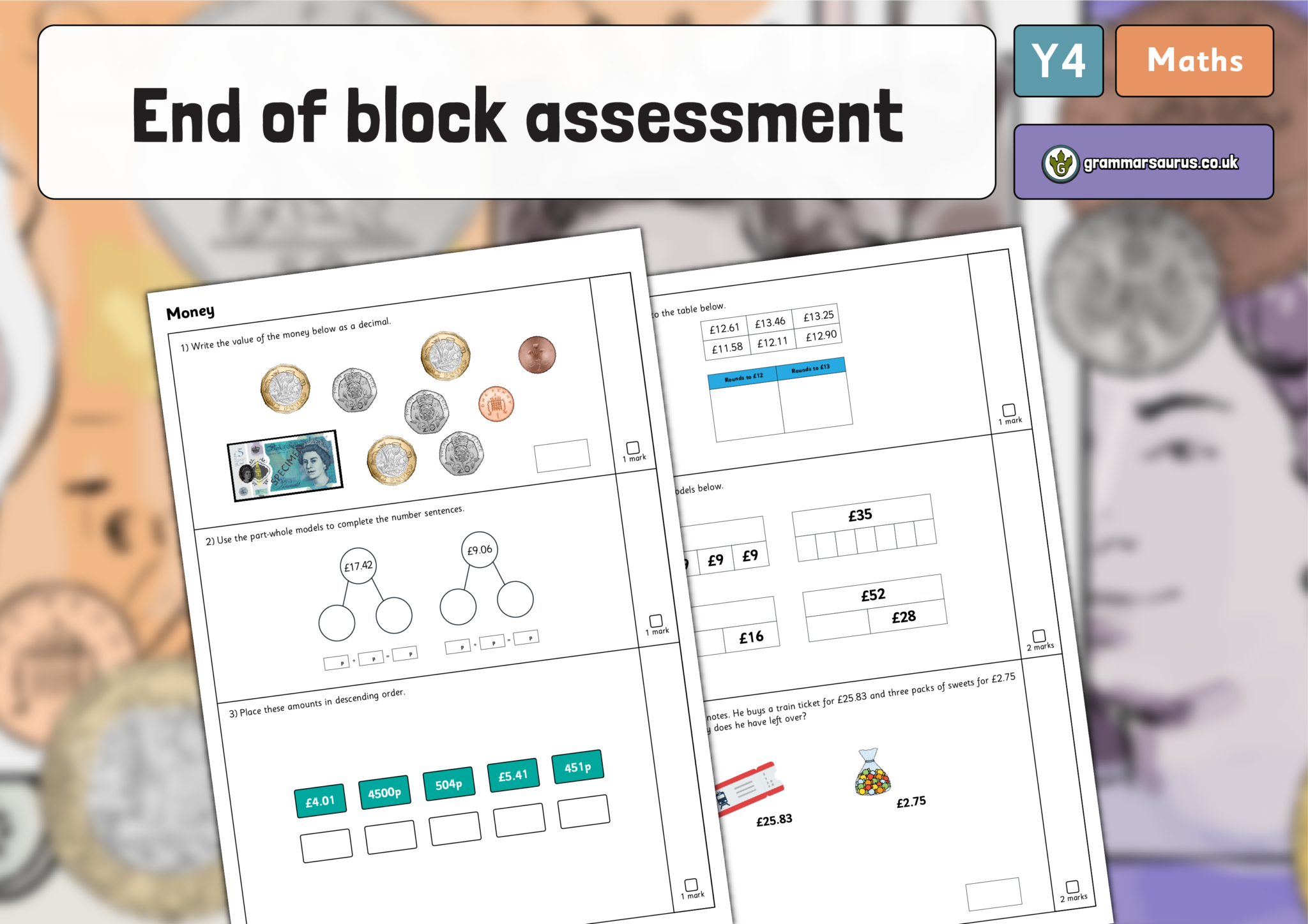 Year 4 Maths - Money - End of block assessment - Grammarsaurus
