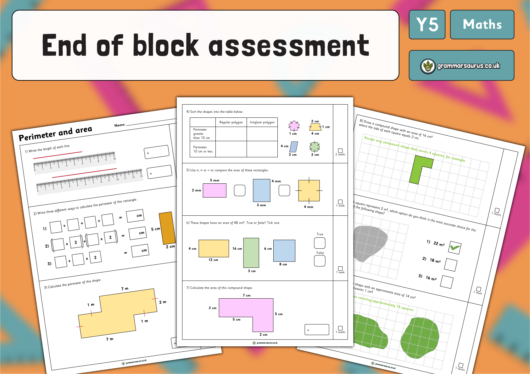 Year 5 Perimeter and Area - End of block assessment - Grammarsaurus