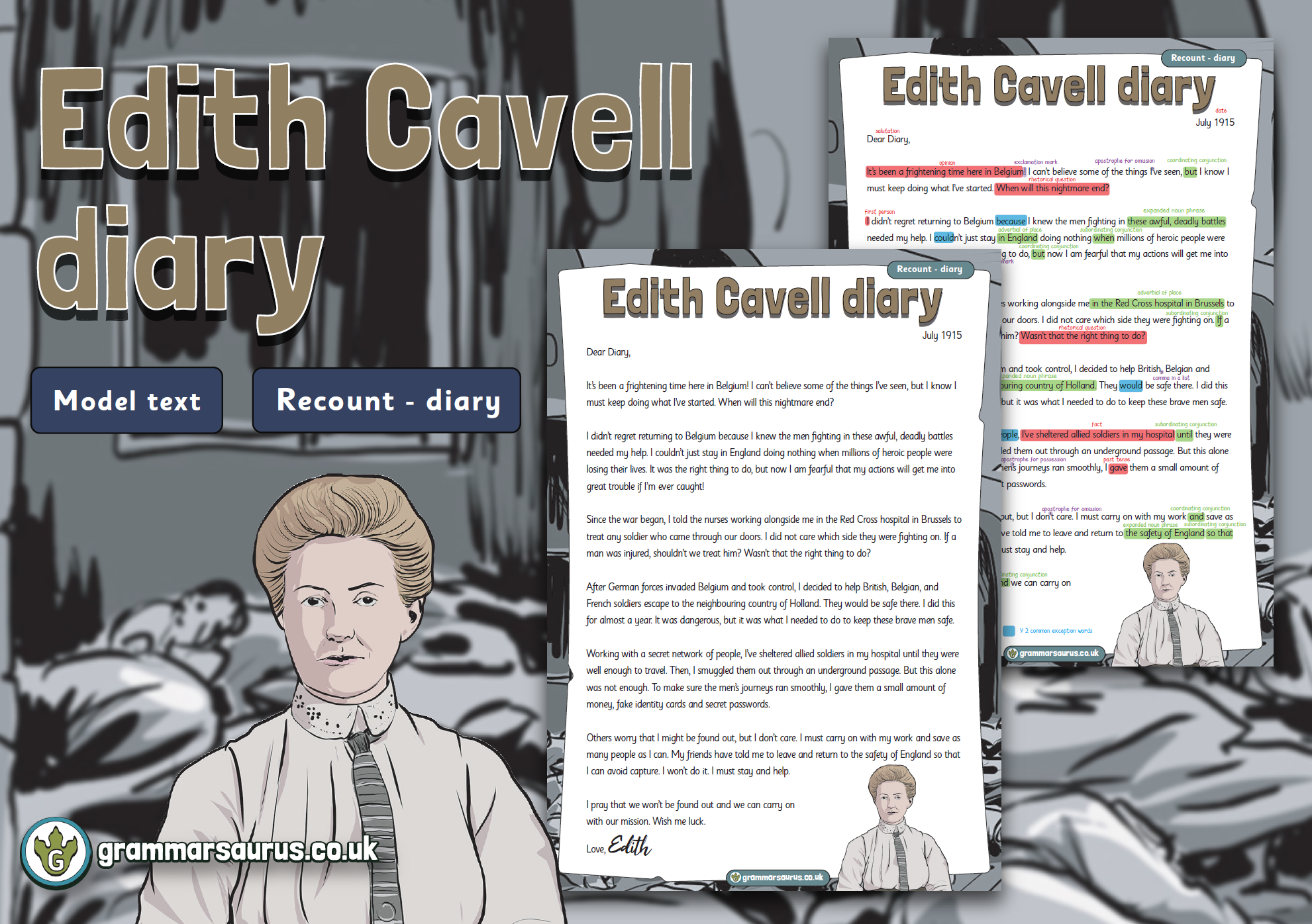 Year 2 Model Text – Recount – Diary - Edith Cavell Diary - Grammarsaurus