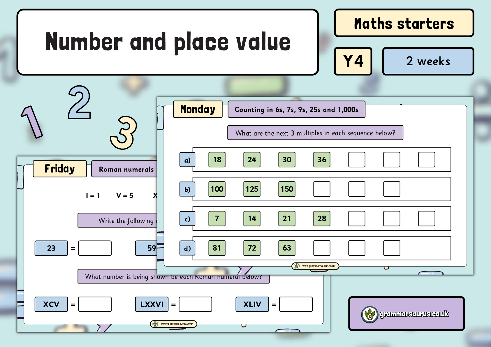 Year 4 Weekly Maths Starters - Number and place value - Grammarsaurus