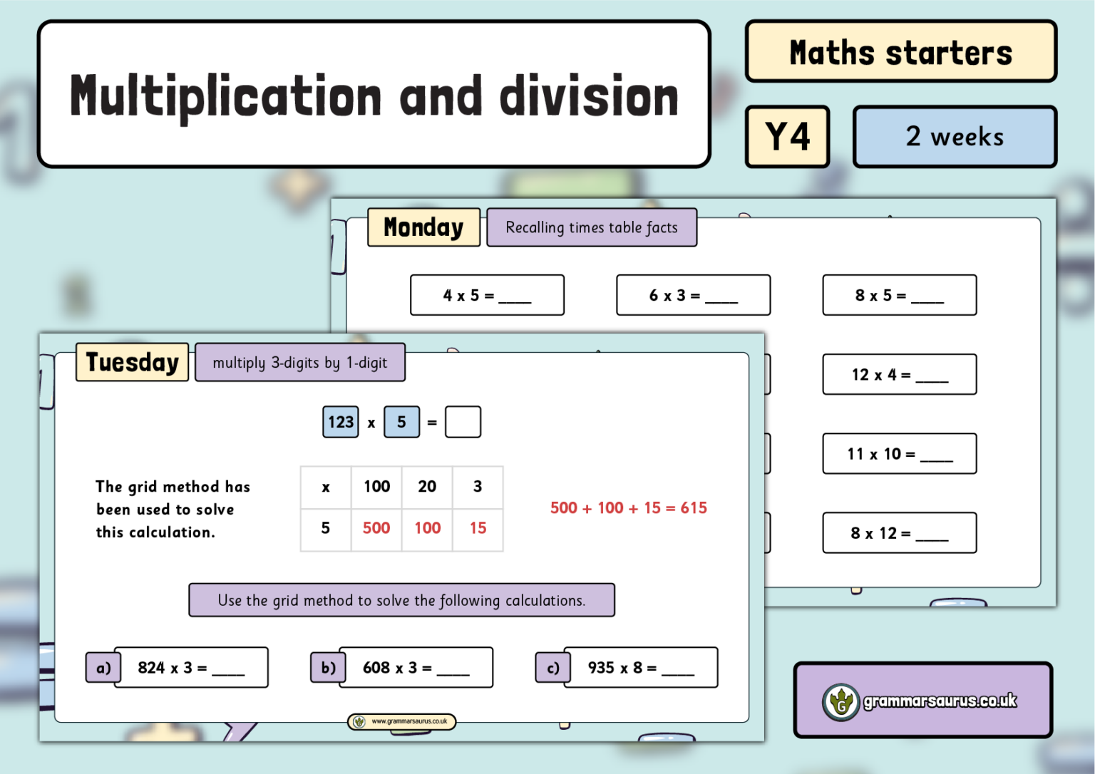Year 4 Weekly Maths Starters - Multiplication and division - Grammarsaurus