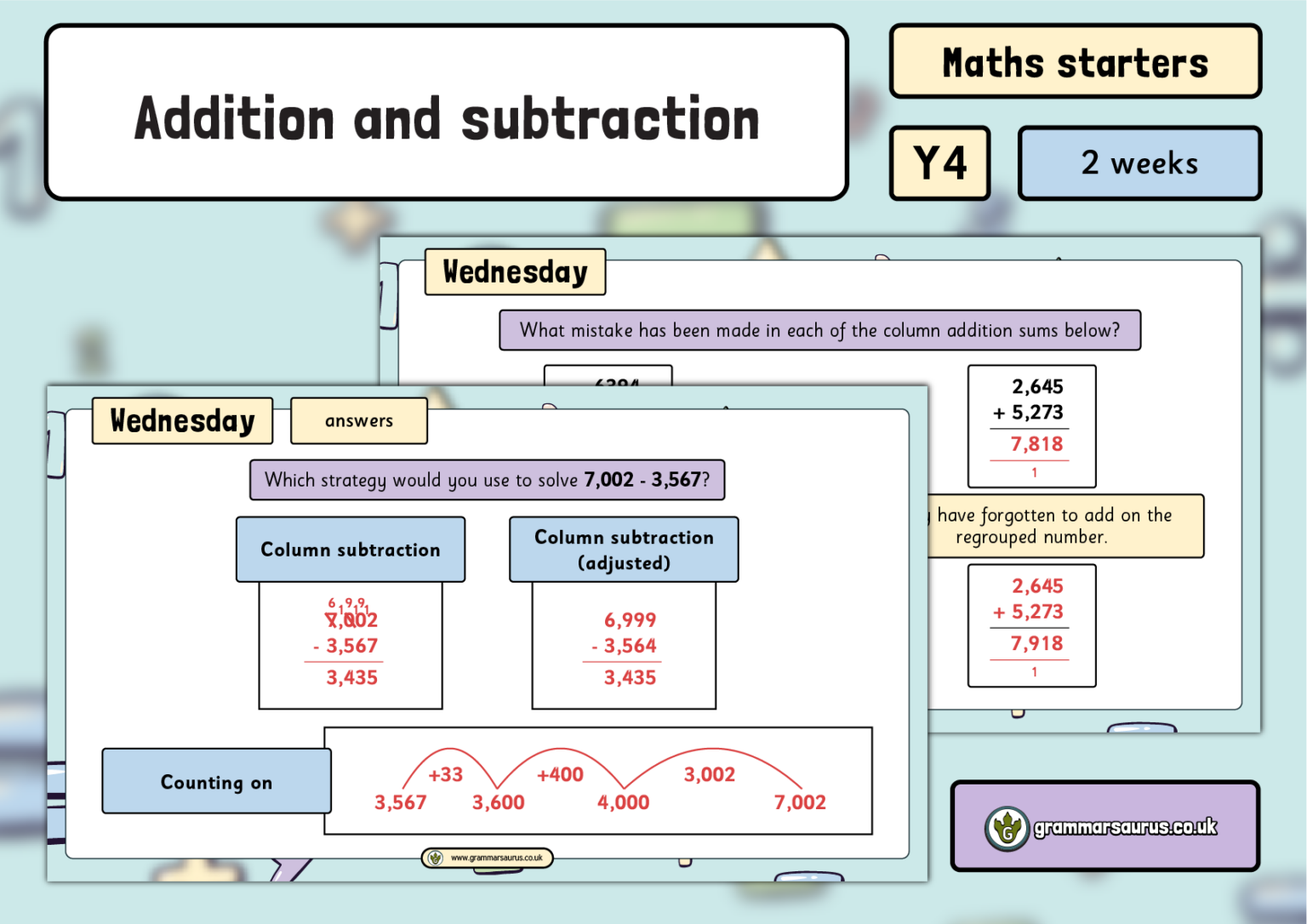 Year 4 Weekly Maths Starters - Addition and subtraction - Grammarsaurus
