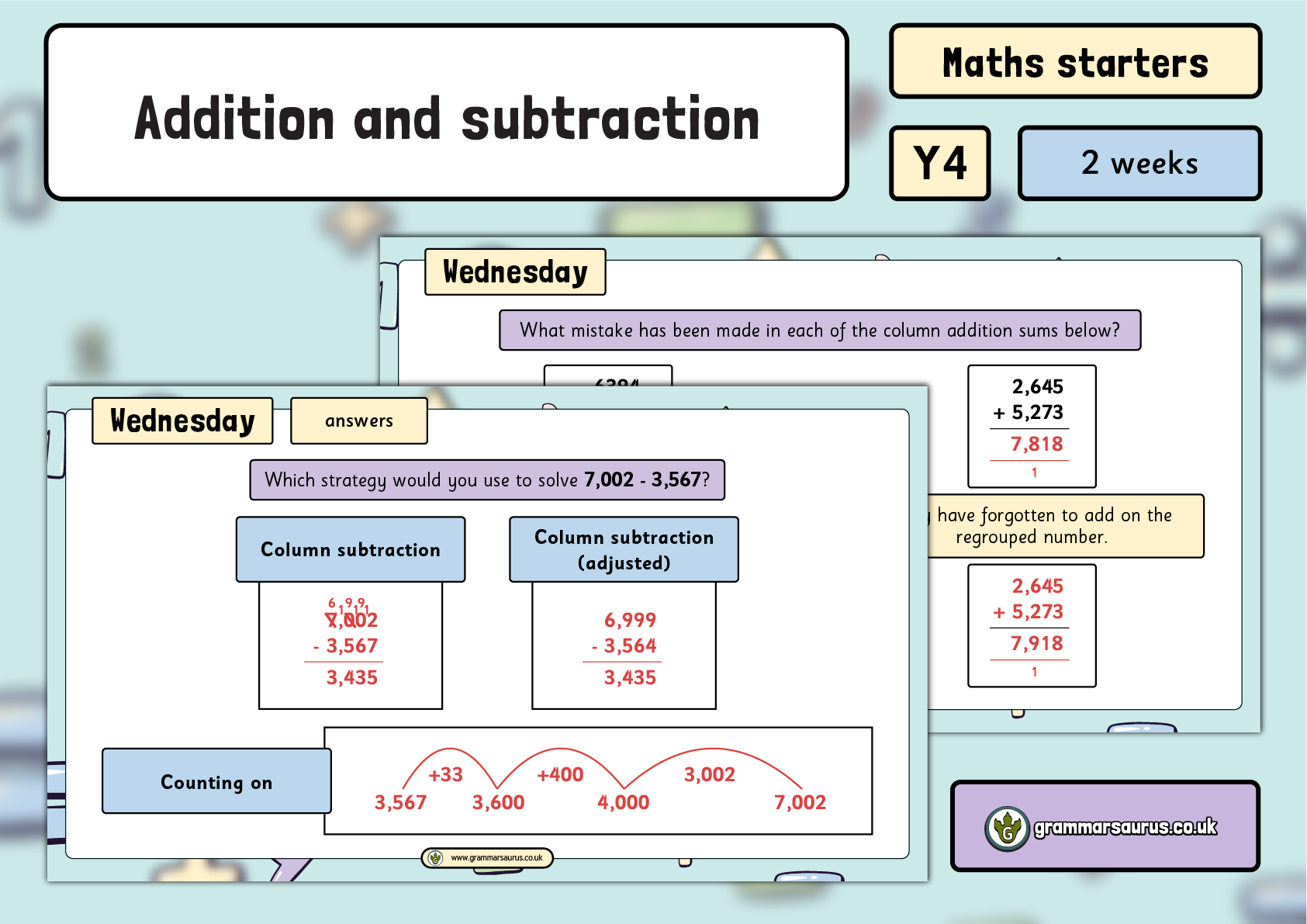 Year 4 Weekly Maths Starters - Addition and subtraction - Grammarsaurus