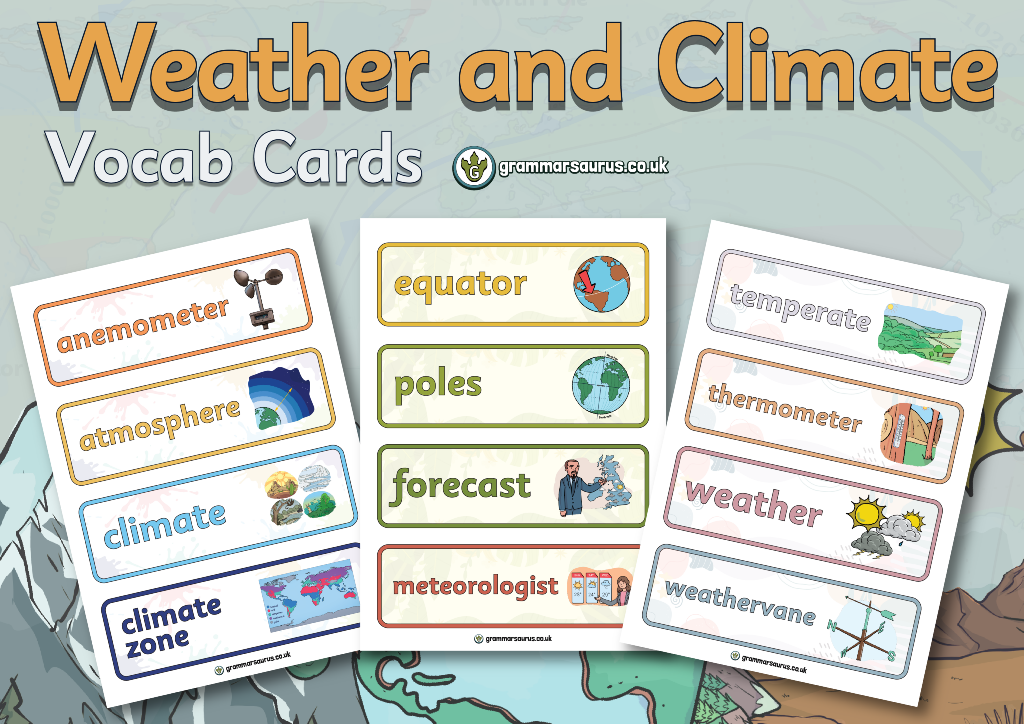 Year 4 Geography – Weather and Climate – Vocab Cards - Grammarsaurus