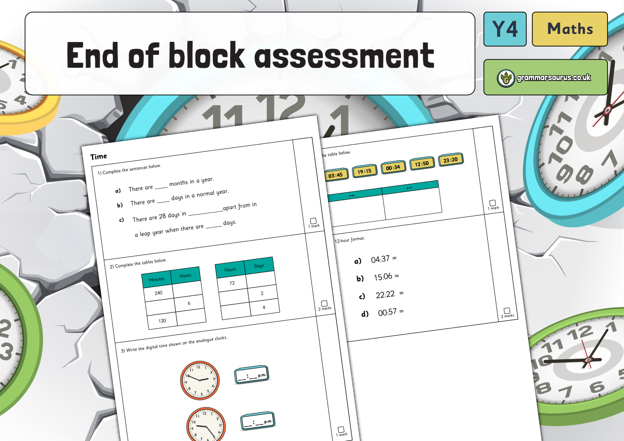 Year 4 Maths - Time - End of block assessment - Grammarsaurus