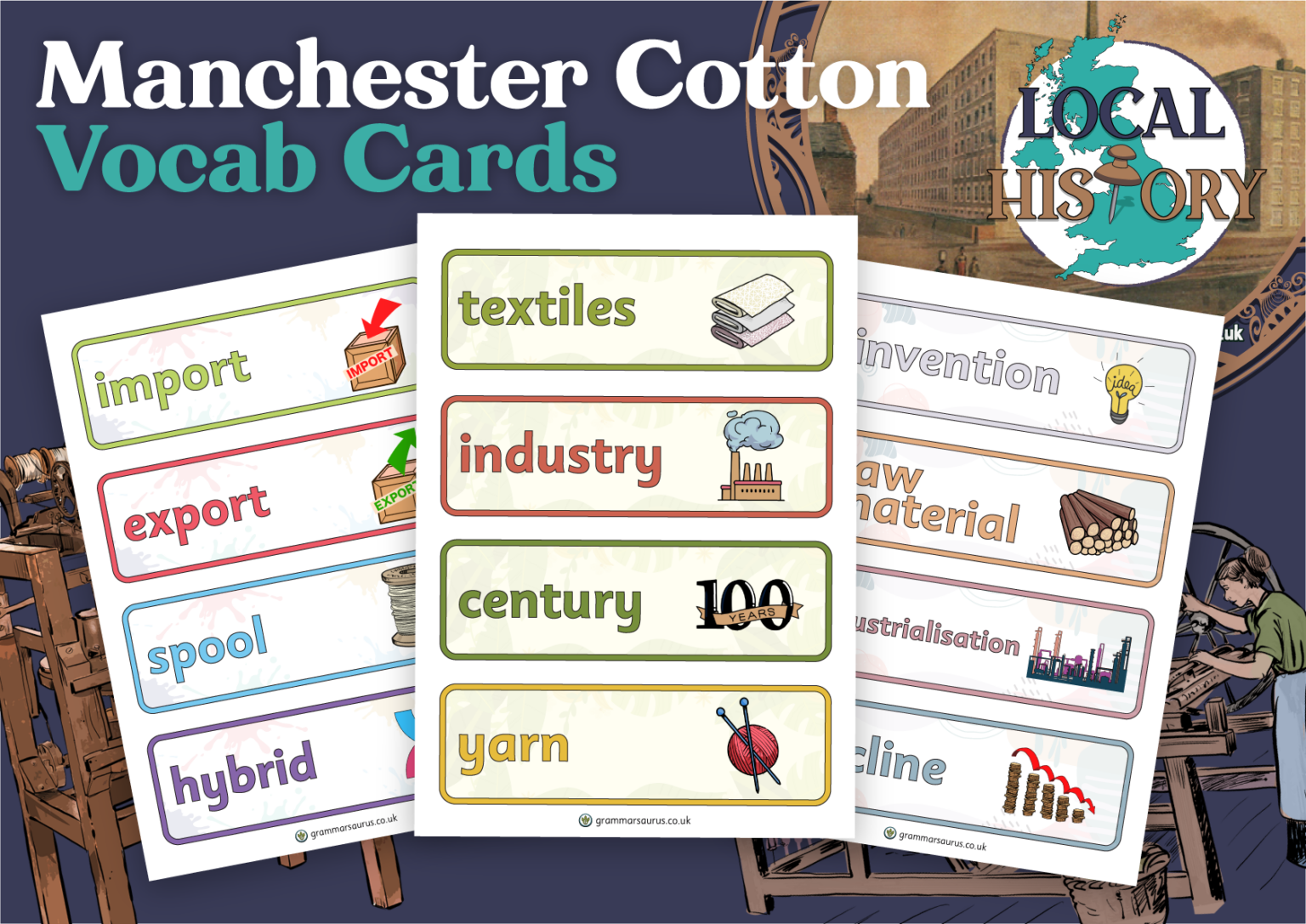 KS1 Local history - Manchester Cotton - Vocab Cards - Grammarsaurus