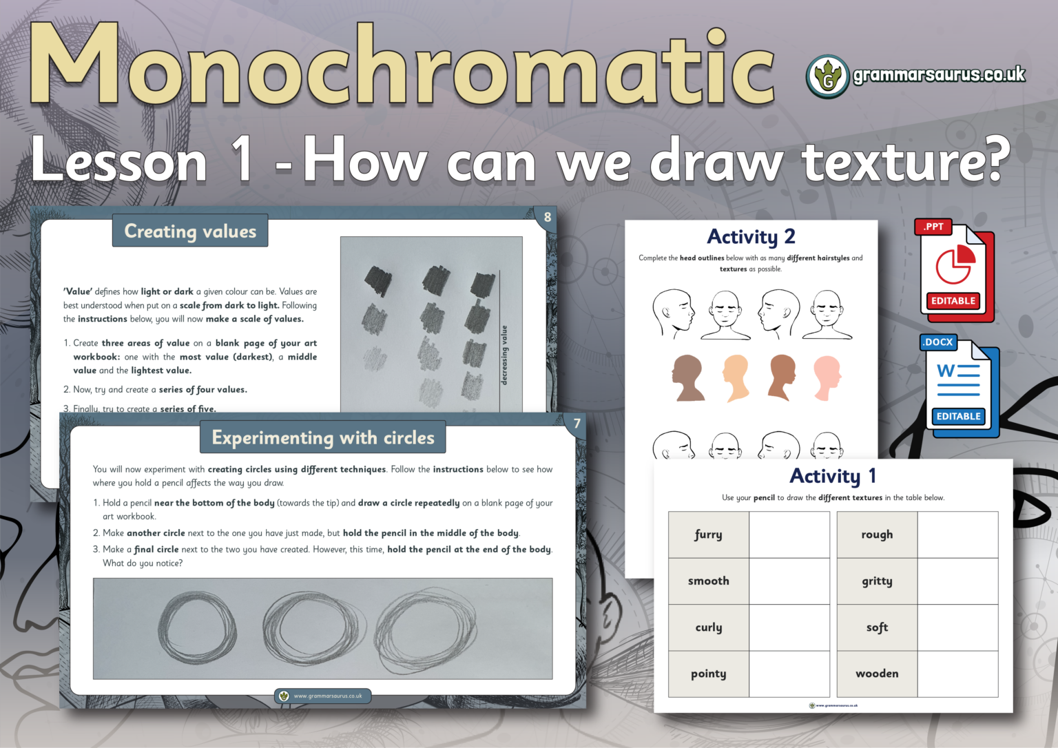Y3 Art - Monochromatic - How can we draw texture? Lesson 1 - Grammarsaurus