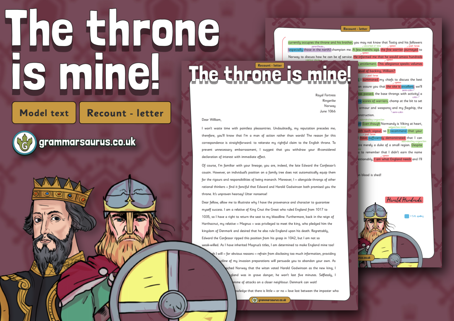 Year 6 Model Text - Recount Letter - The throne is mine! - Grammarsaurus
