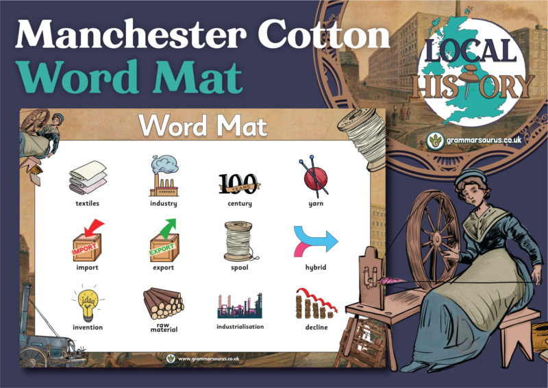 KS1 Local history - Manchester Cotton - Word mat - Grammarsaurus