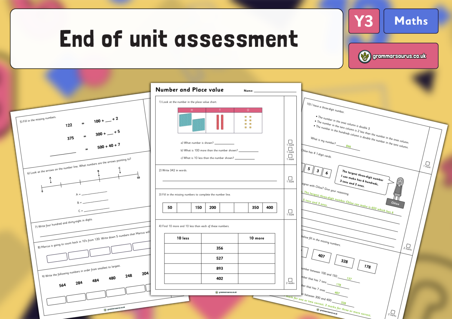 Year 3 Maths - Place Value - End of unit assessment - Grammarsaurus