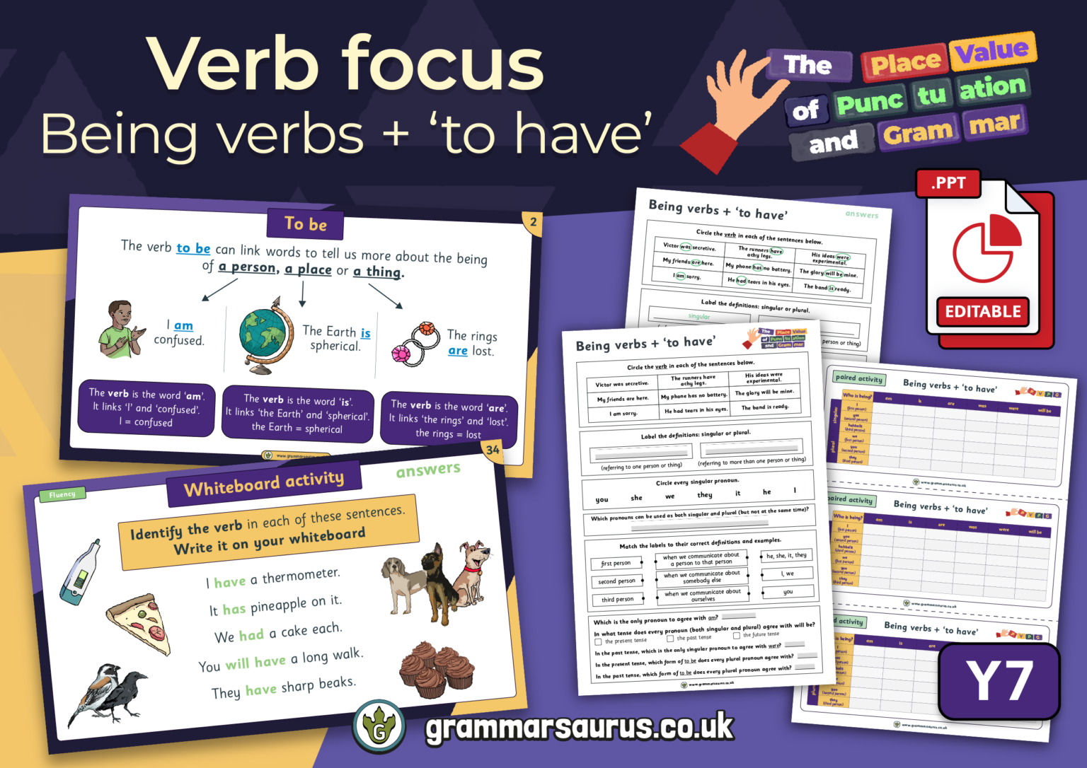 Year 7 The Place Value of Punctuation and Grammar - Verb focus - Being ...
