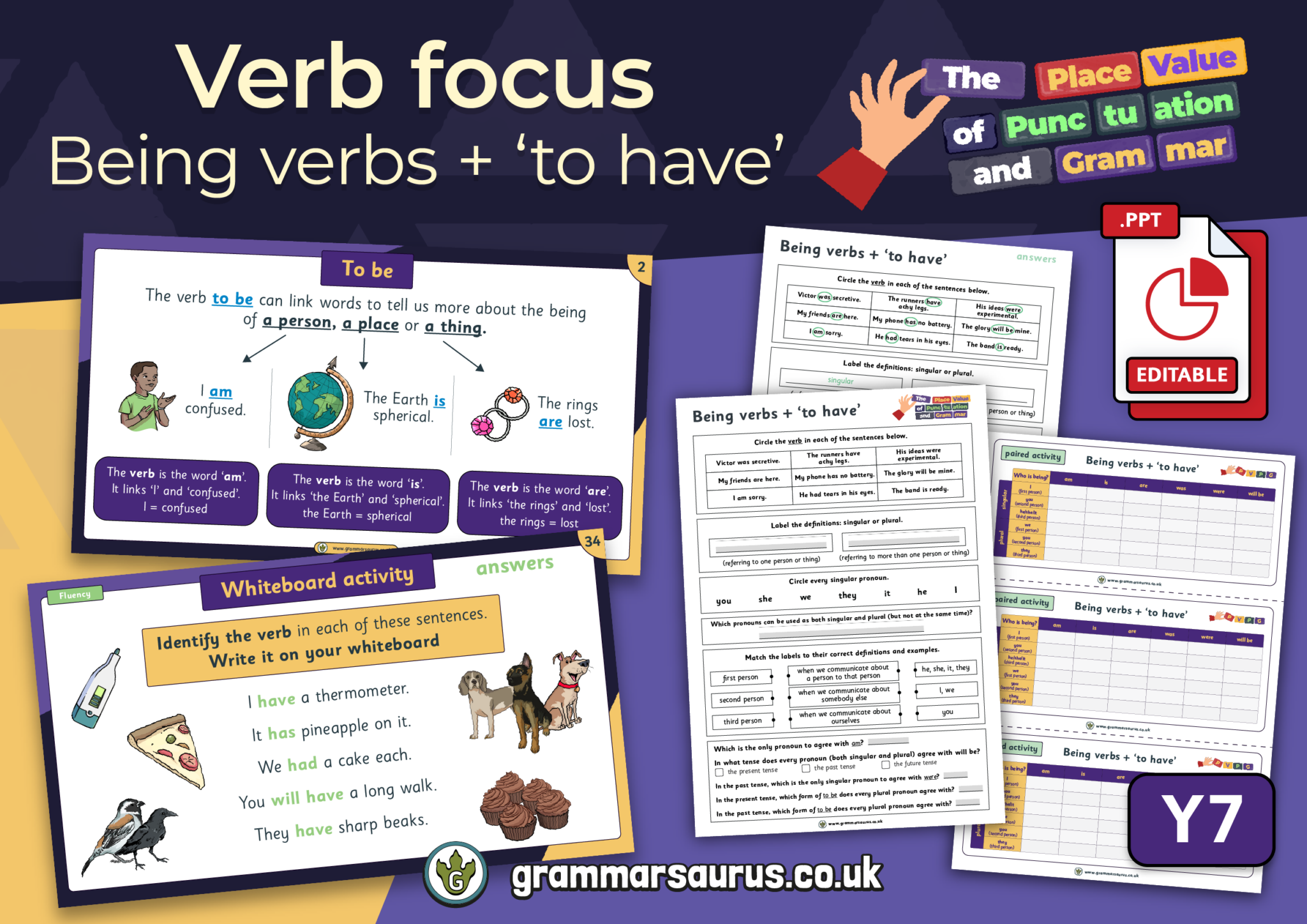 Year 7 The Place Value of Punctuation and Grammar - Verb focus - Being ...