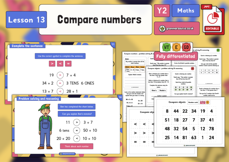 Year 2 Place Value - Compare Numbers- Lesson 13 - Grammarsaurus