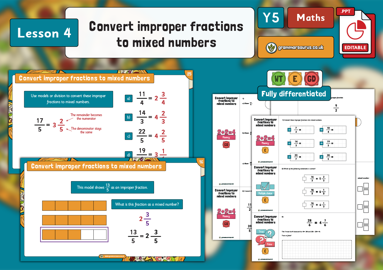 Year 5 Fractions - Convert improper fractions to mixed numbers - Lesson ...