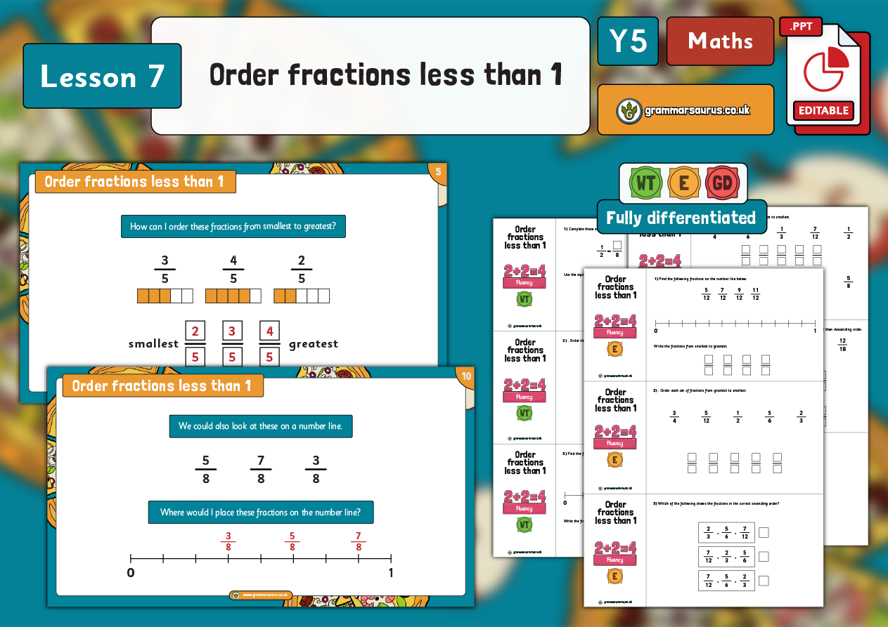 Year 5 Fractions - Order fractions less than 1 - Lesson 7 - Grammarsaurus