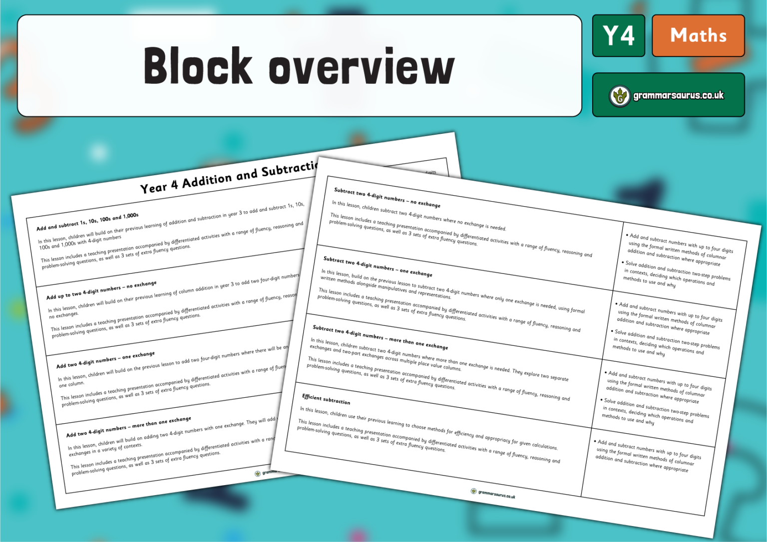 Year 4 Maths - Addition and Subtraction - Block overview - Grammarsaurus
