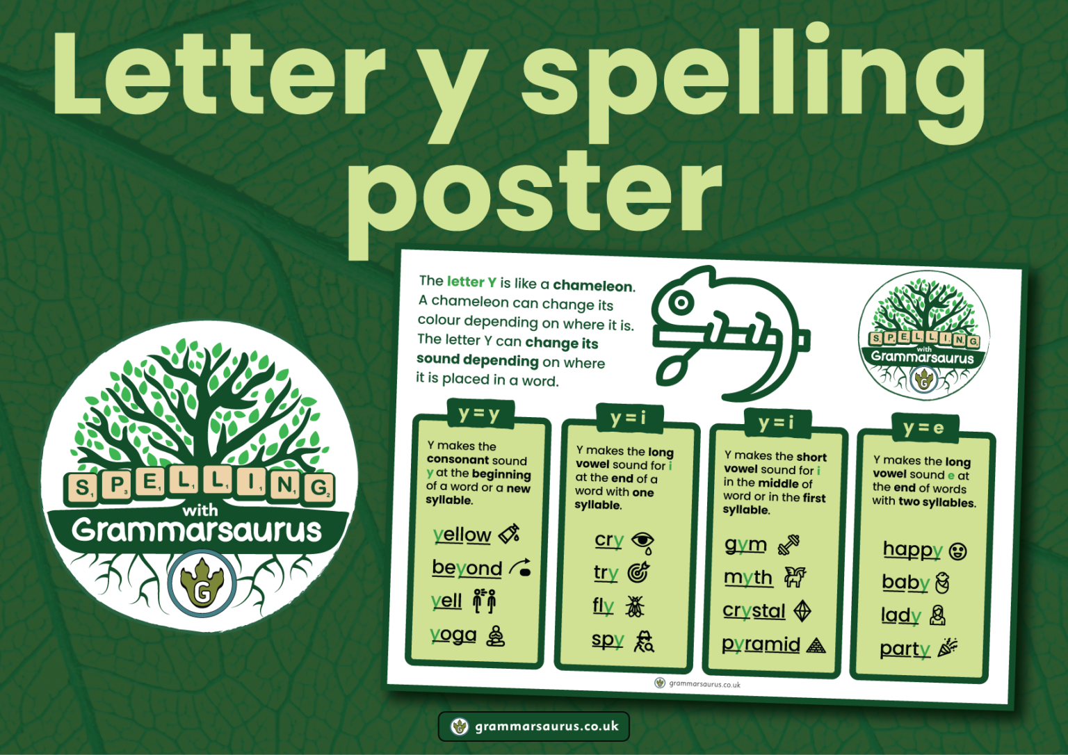 Letter y spelling poster - Grammarsaurus
