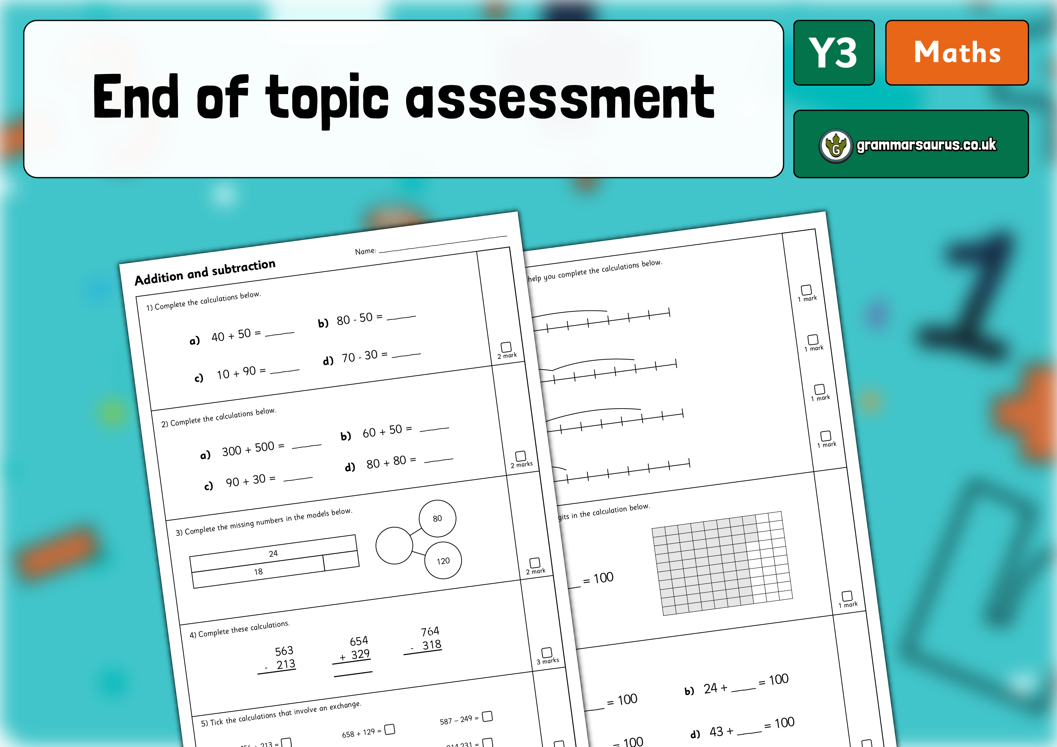 Year 3 Addition and Subtraction - End of topic assessment - Grammarsaurus