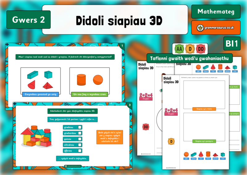 Blwyddyn 1 – Siapiau 2D a 3D – Gwers 2 – Didoli siapiau 3D - Grammarsaurus