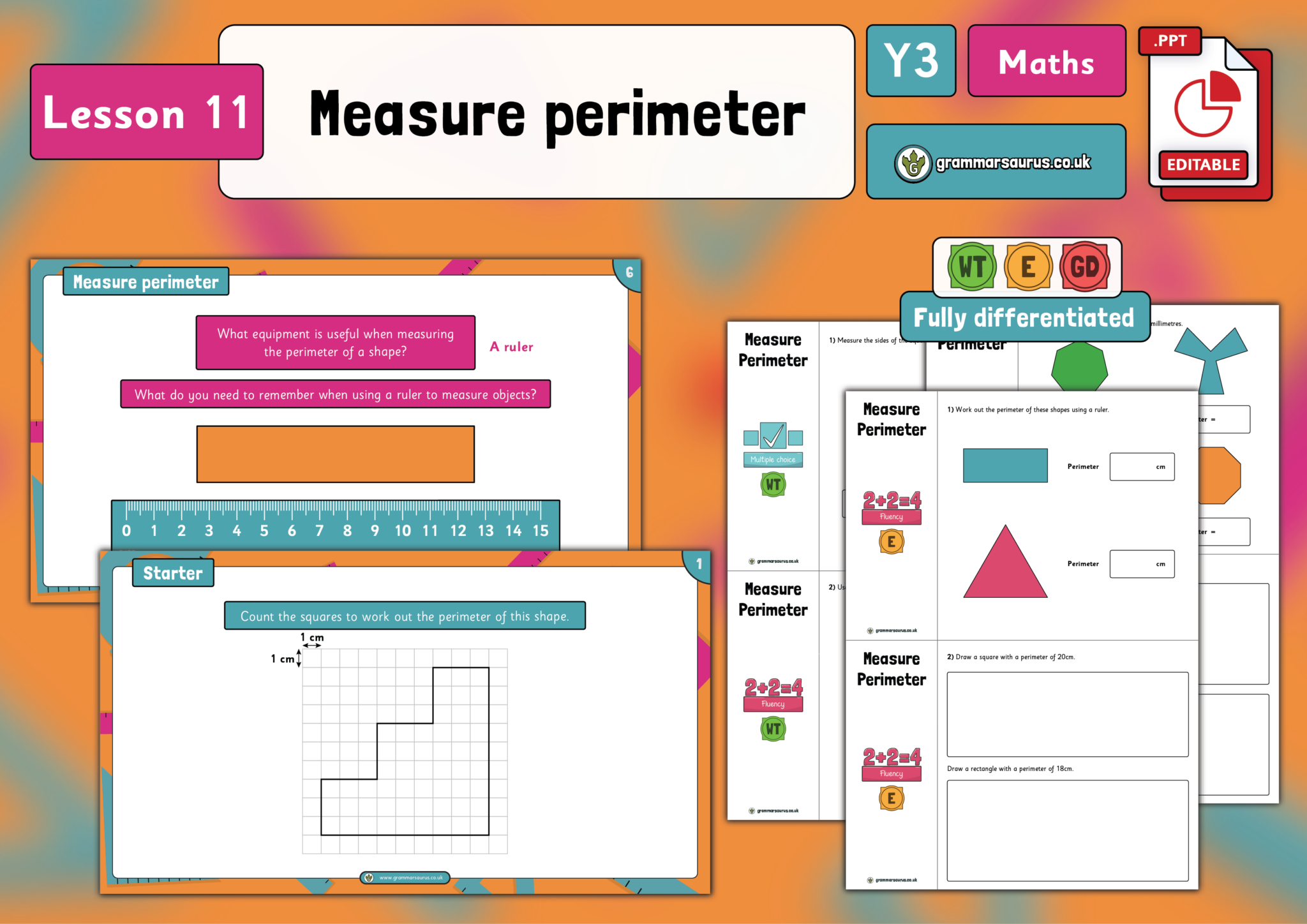 Year 3 Length and Perimeter - Measure perimeter - Lesson 11 - Grammarsaurus