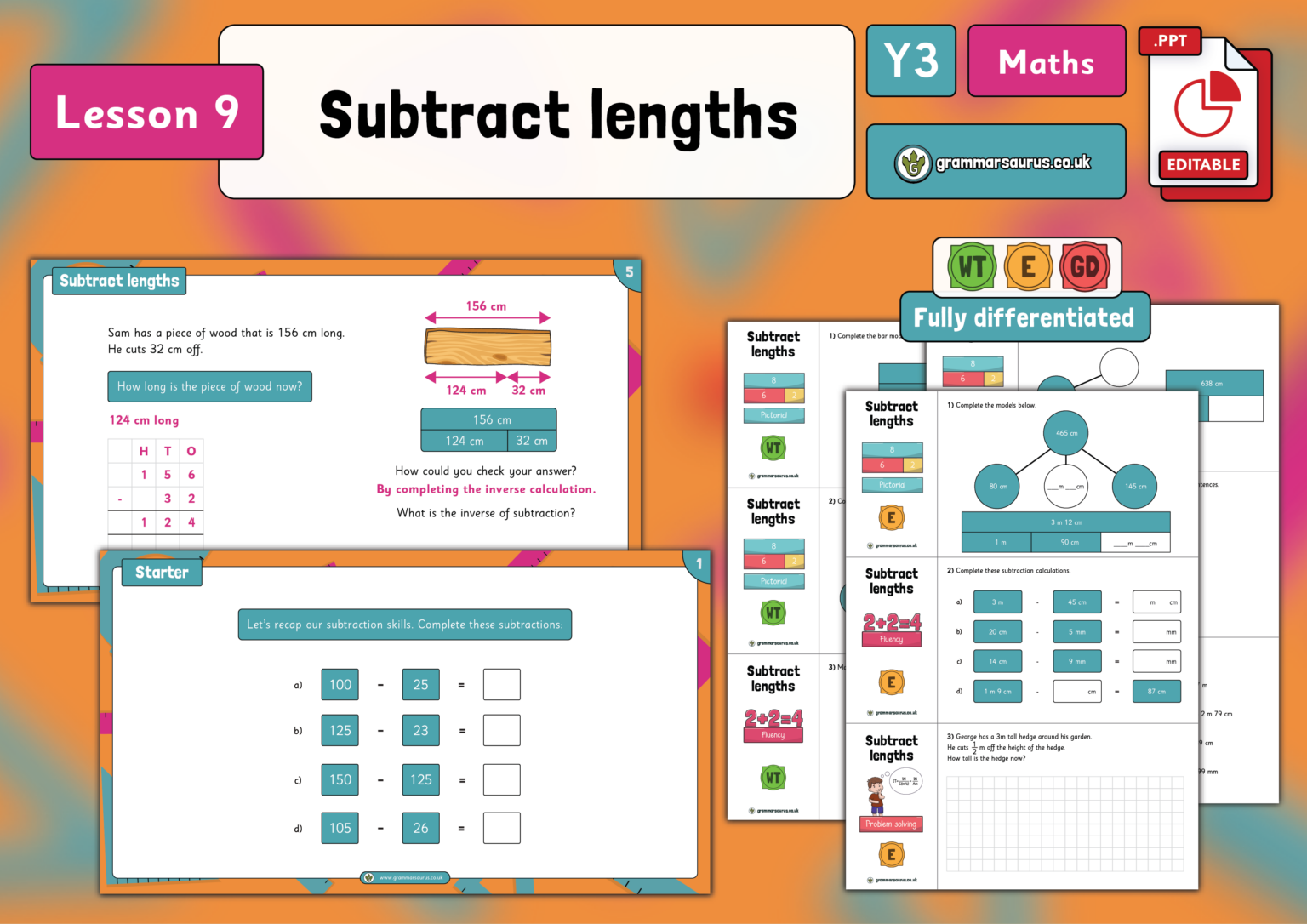 Year 3 Length and Perimeter - Subtract lengths - Lesson 9 - Grammarsaurus
