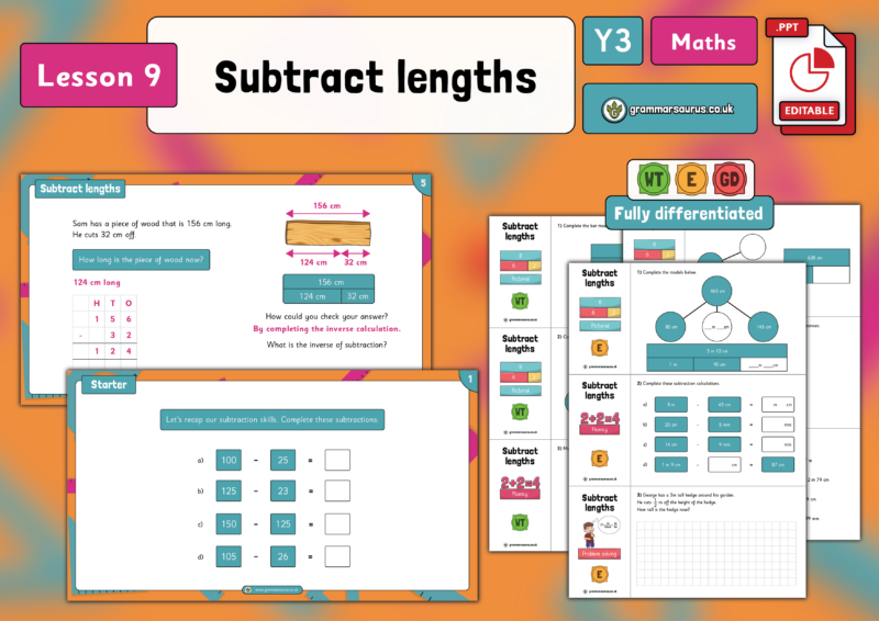 Year 3 Length and Perimeter - Subtract lengths - Lesson 9 - Grammarsaurus
