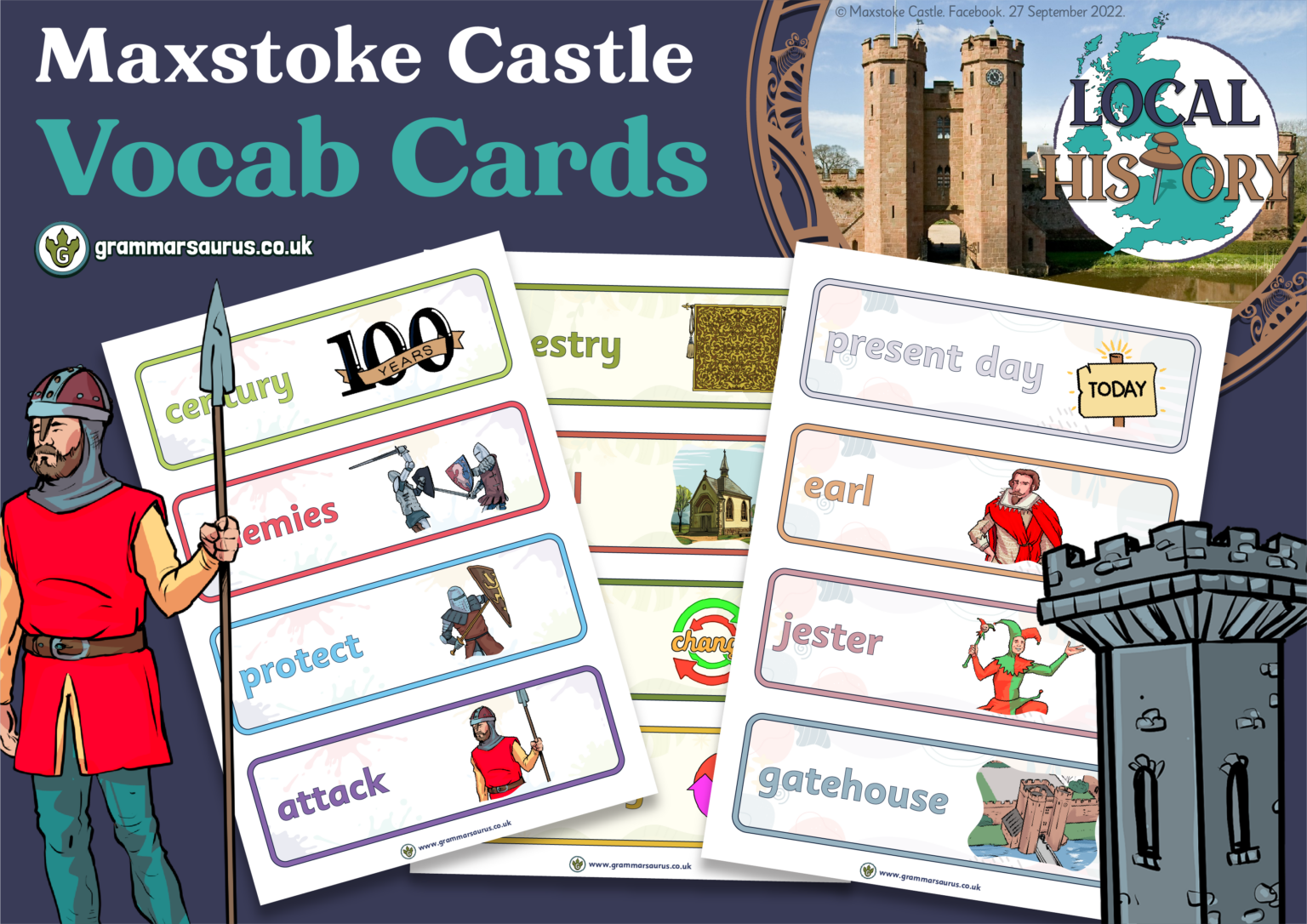 KS1 Local history - Maxstoke Castle - Vocab Cards - Grammarsaurus
