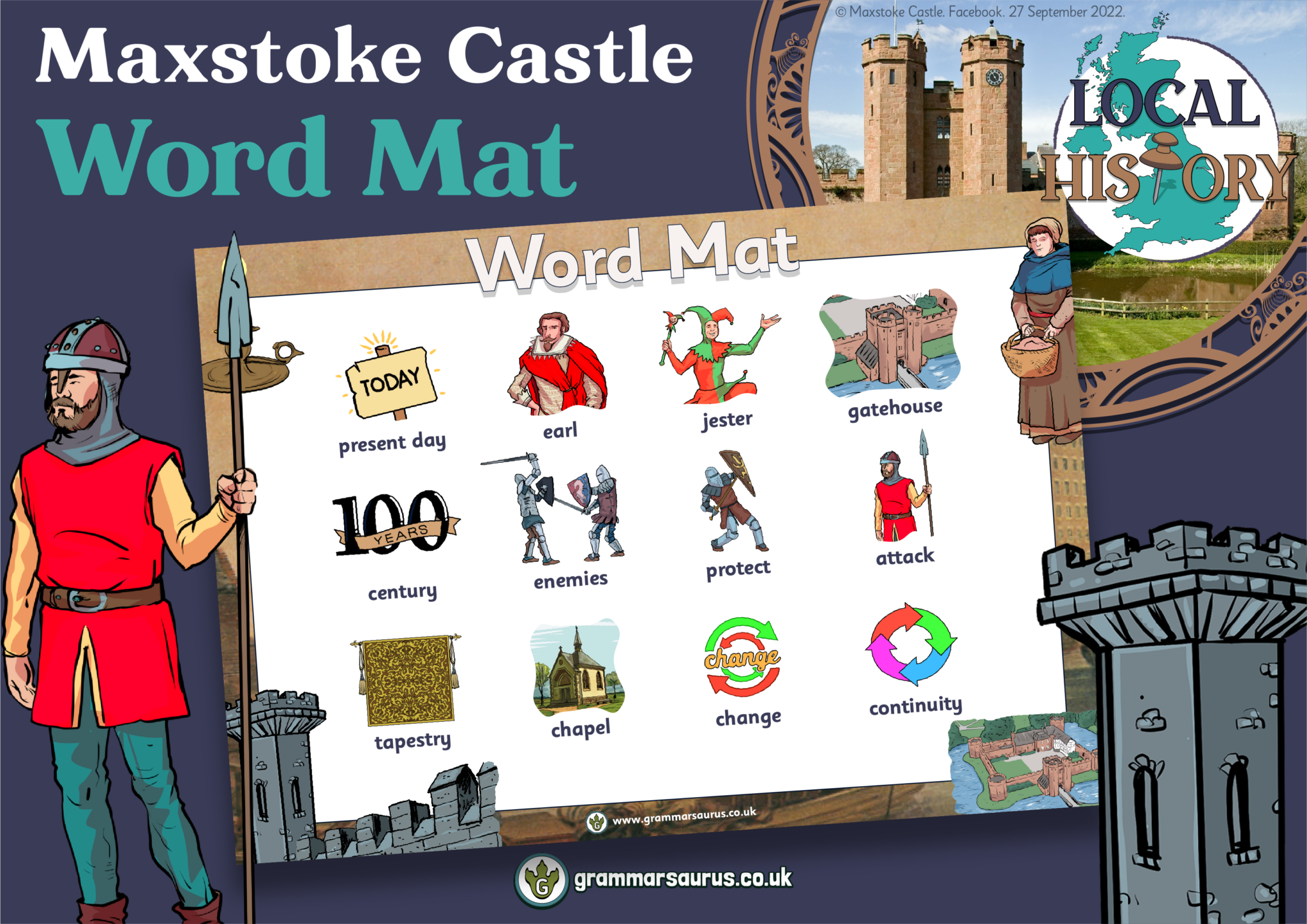 KS1 Local history - Maxstoke Castle - Word Mat - Grammarsaurus