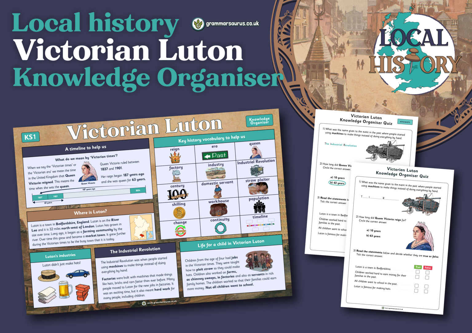 KS1 Local history - Victorian Luton - Knowledge Organiser - Grammarsaurus