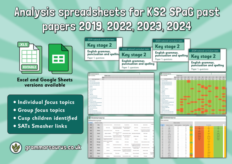 Analysis spreadsheets for KS2 SPaG past papers 2019, 2022, 2023, 2024 ...