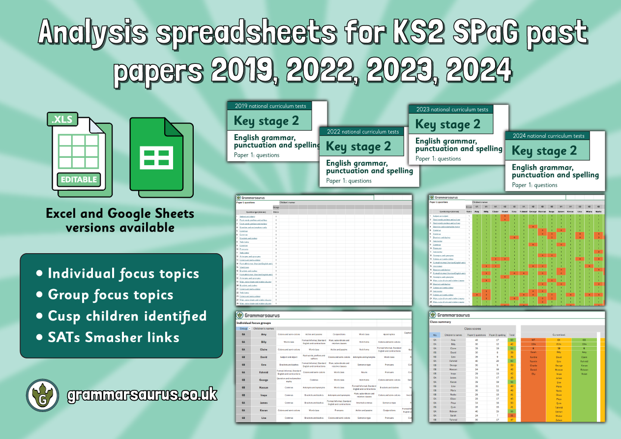 Analysis spreadsheets for KS2 SPaG past papers 2019, 2022, 2023, 2024 ...
