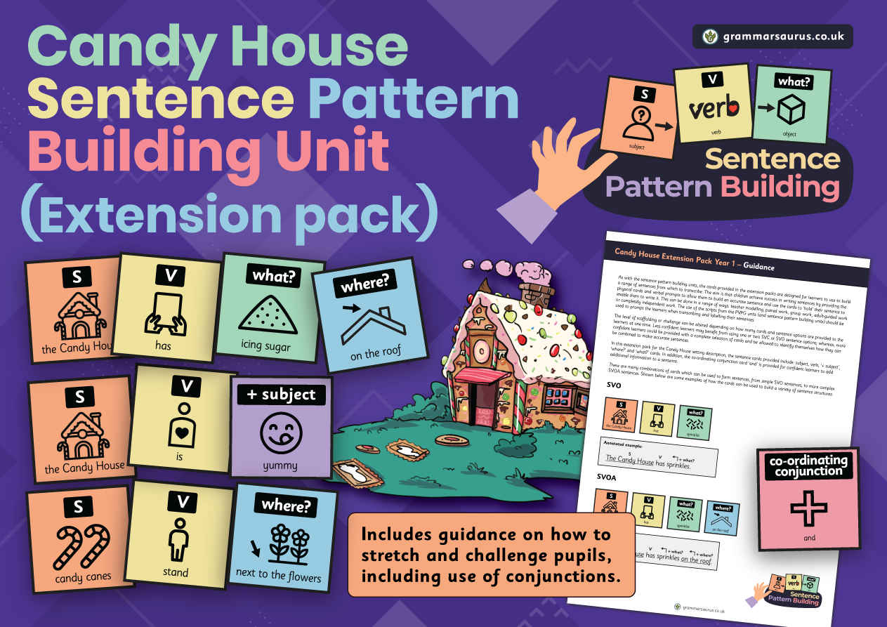 Candy House Sentence Pattern Building Unit (Extension Pack) - Grammarsaurus
