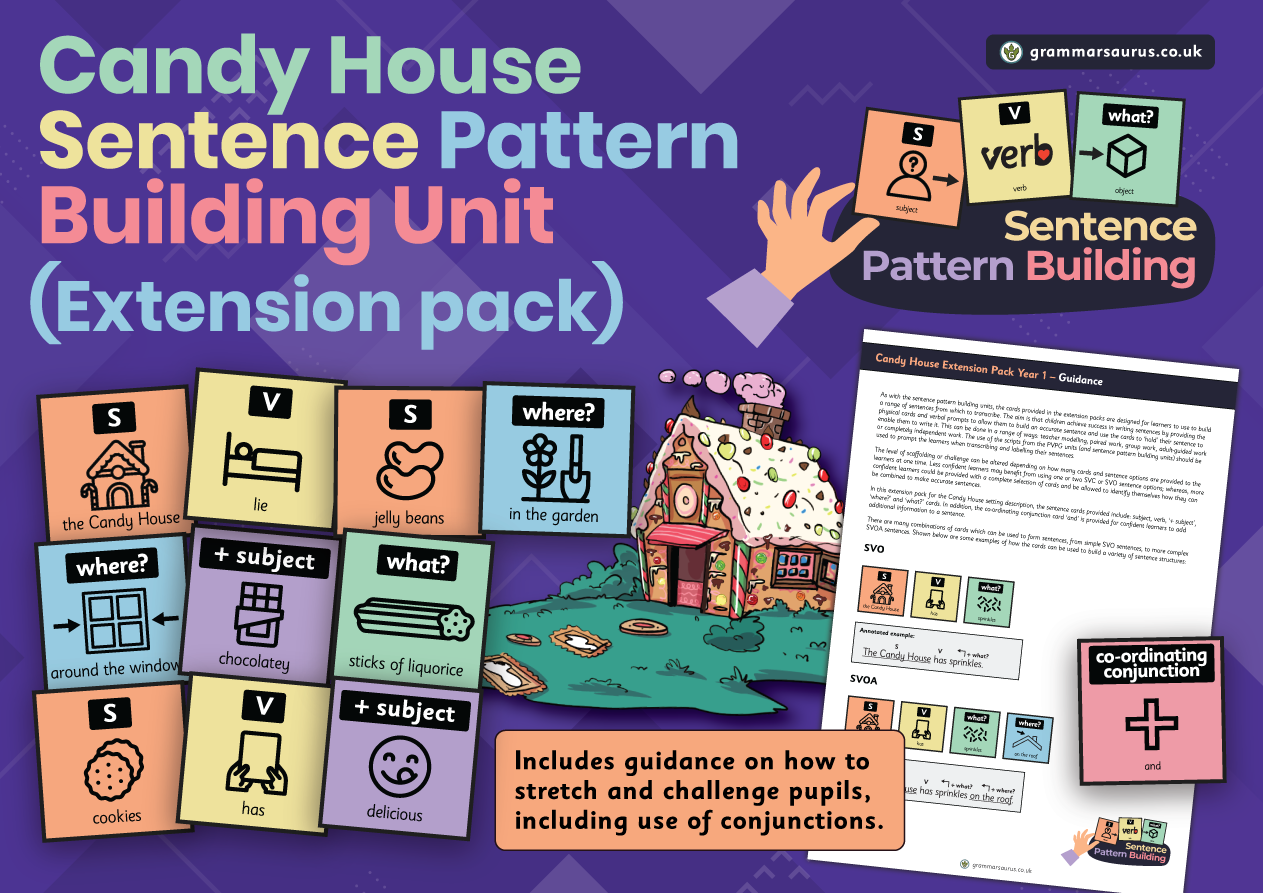 Candy House Sentence Pattern Building Unit (Extension Pack) - Grammarsaurus