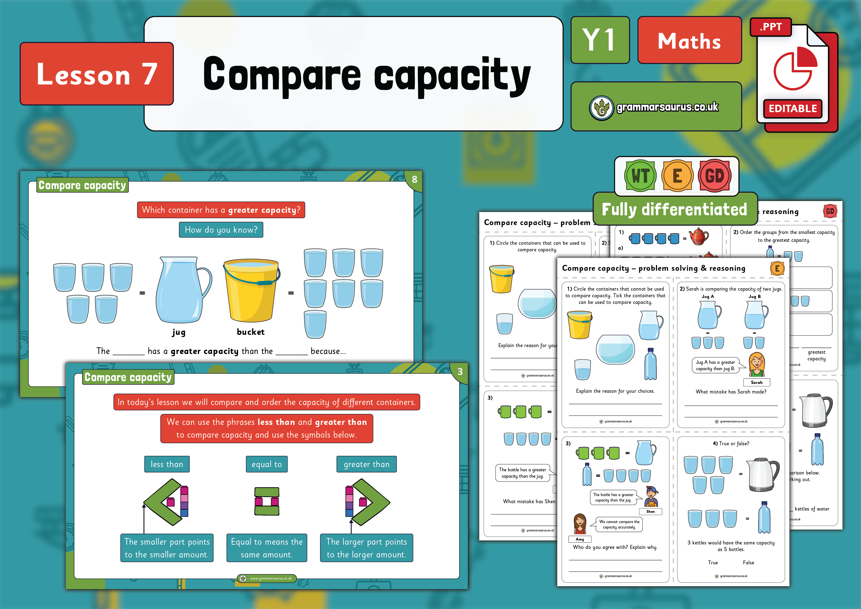 Year 1 Mass and Volume - Compare capacity - Lesson 7 - Grammarsaurus