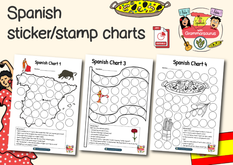 Y3-Y4-Y5-Y6 - Spanish sticker/stamp charts - Grammarsaurus