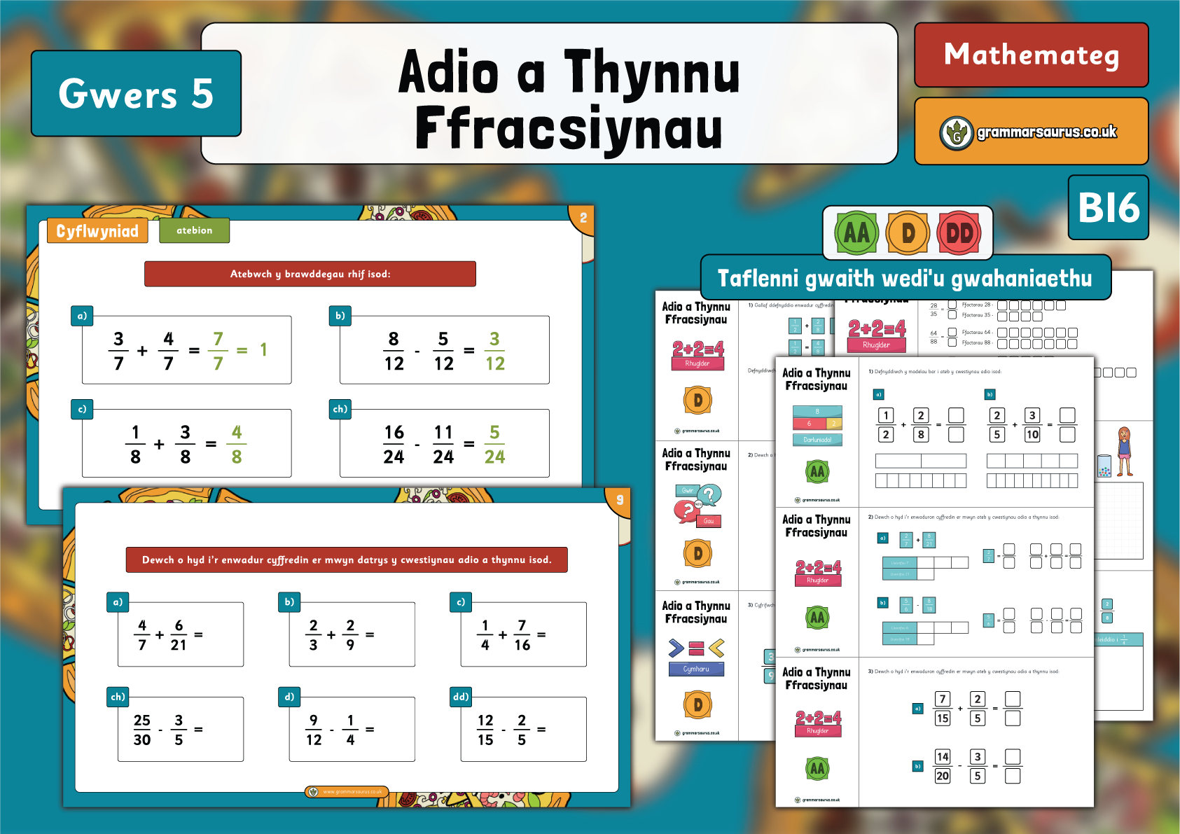 Blwyddyn 6 - Adio a Thynnu Ffracsiynau - Gwers 5 - Grammarsaurus