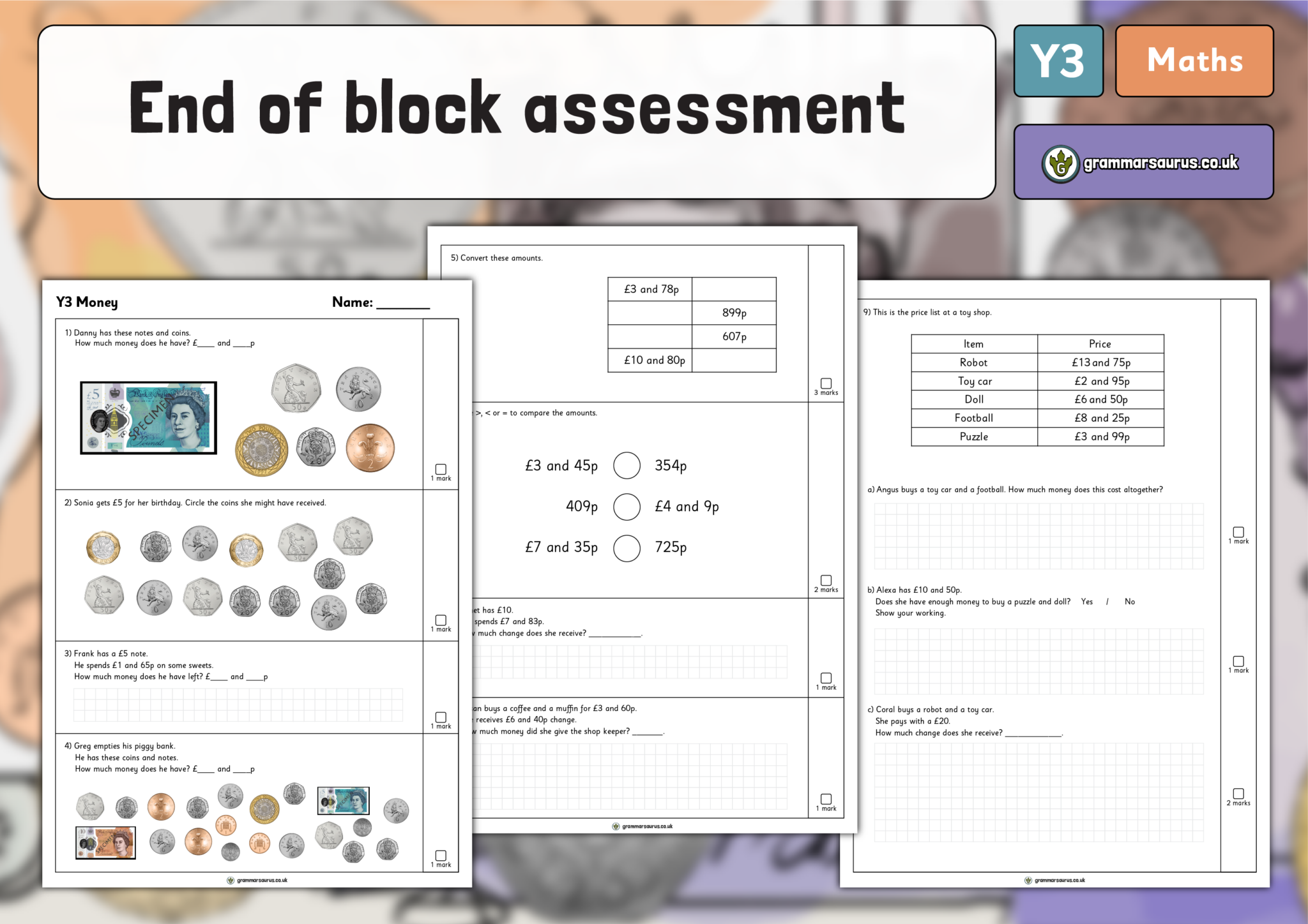 Year 3 Measurement - Money - End of block assessment - Grammarsaurus