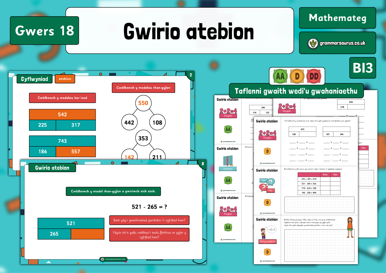 Blwyddyn 3 - Gwirio atebion - Gwers 18 - Grammarsaurus