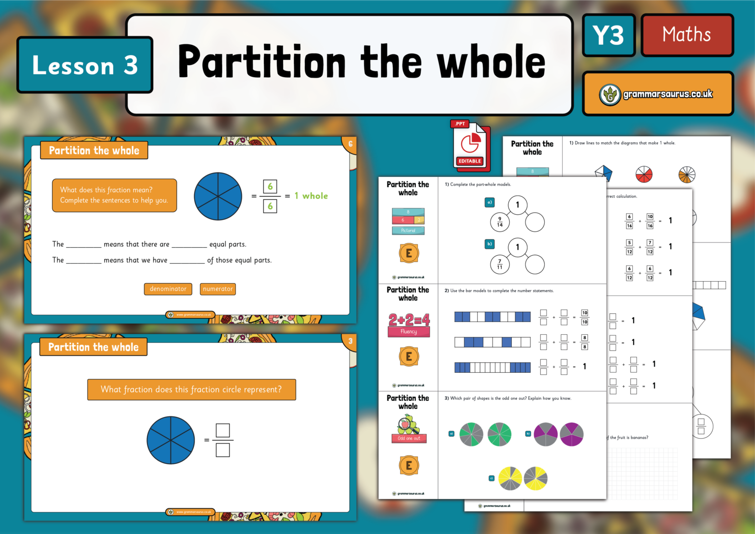 Year 3 Fractions B - Partition the whole - Lesson 3 - Grammarsaurus