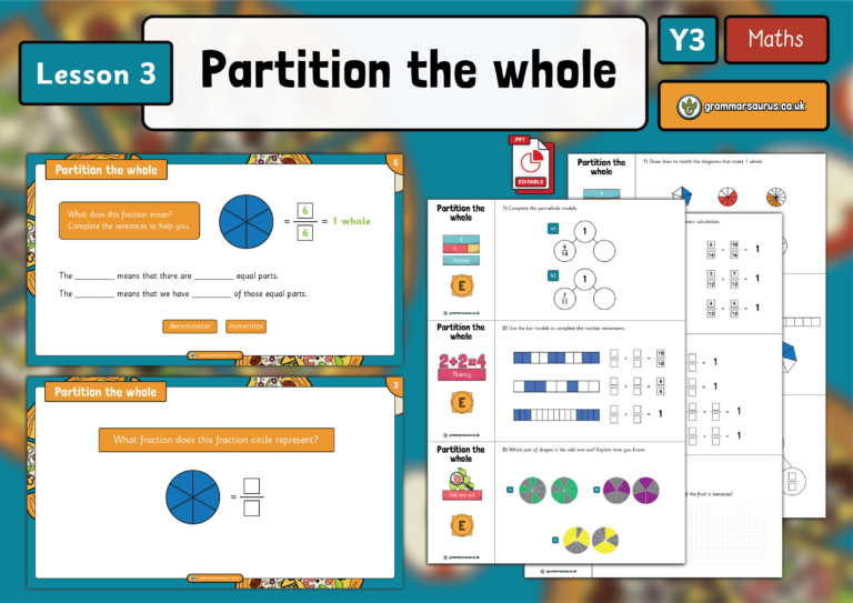 Year 3 Fractions B - Partition the whole - Lesson 3 - Grammarsaurus