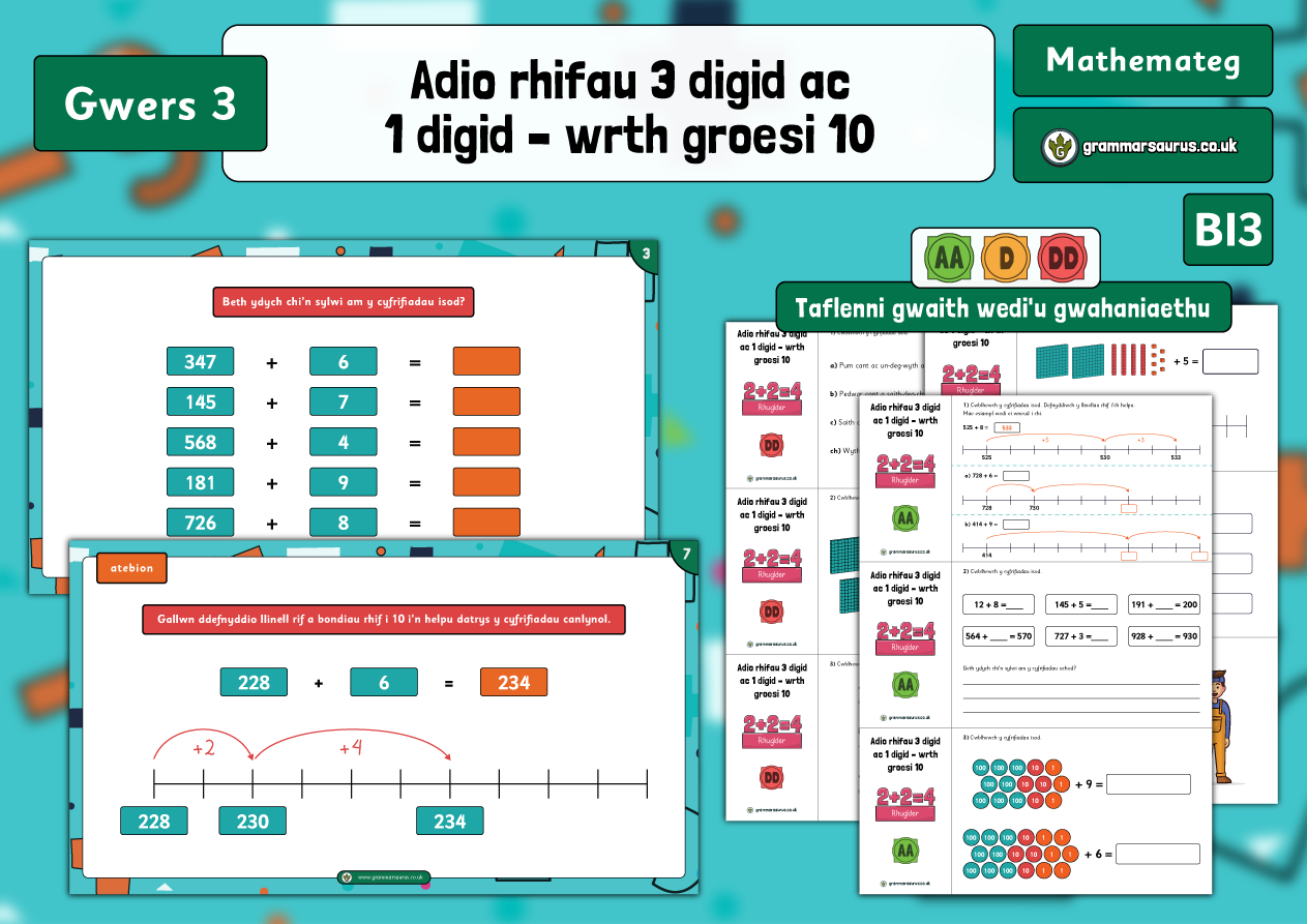 Blwyddyn 3 - Adio rhifau 3 digid ac 1 digid - wrth groesi 10 - Gwers 3 ...