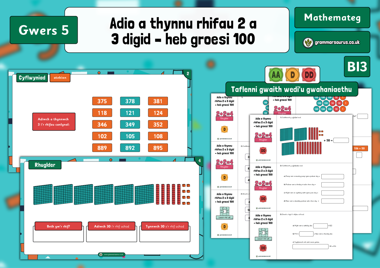 Blwyddyn 3 - Adio a thynnu rhifau 2 a 3 digid - heb groesi 100 - Gwers 5 - Grammarsaurus